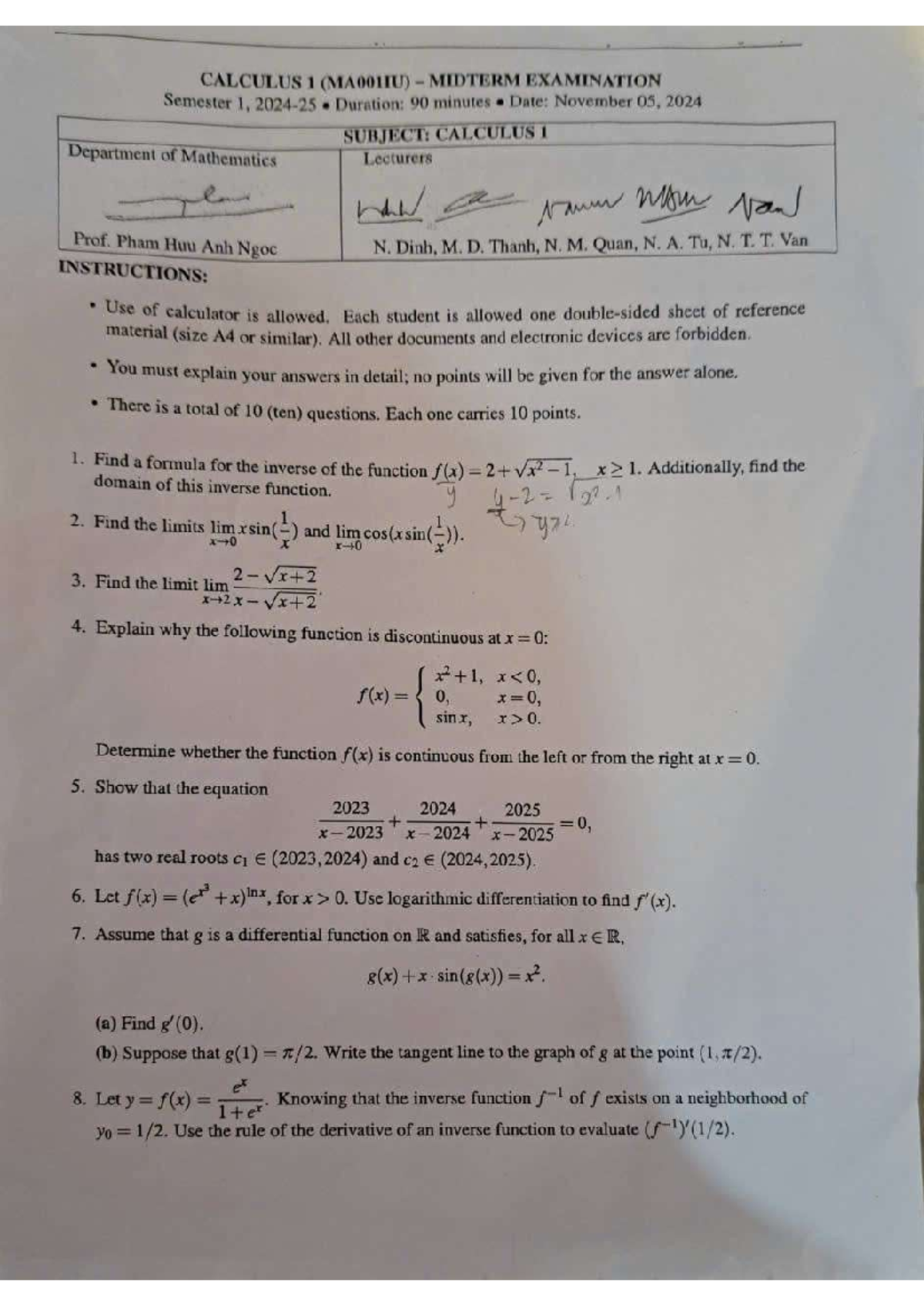 Midterm calculus 2024 - CALCULUS 1 (MA0011U) MIDTERM EXAMINATION ...
