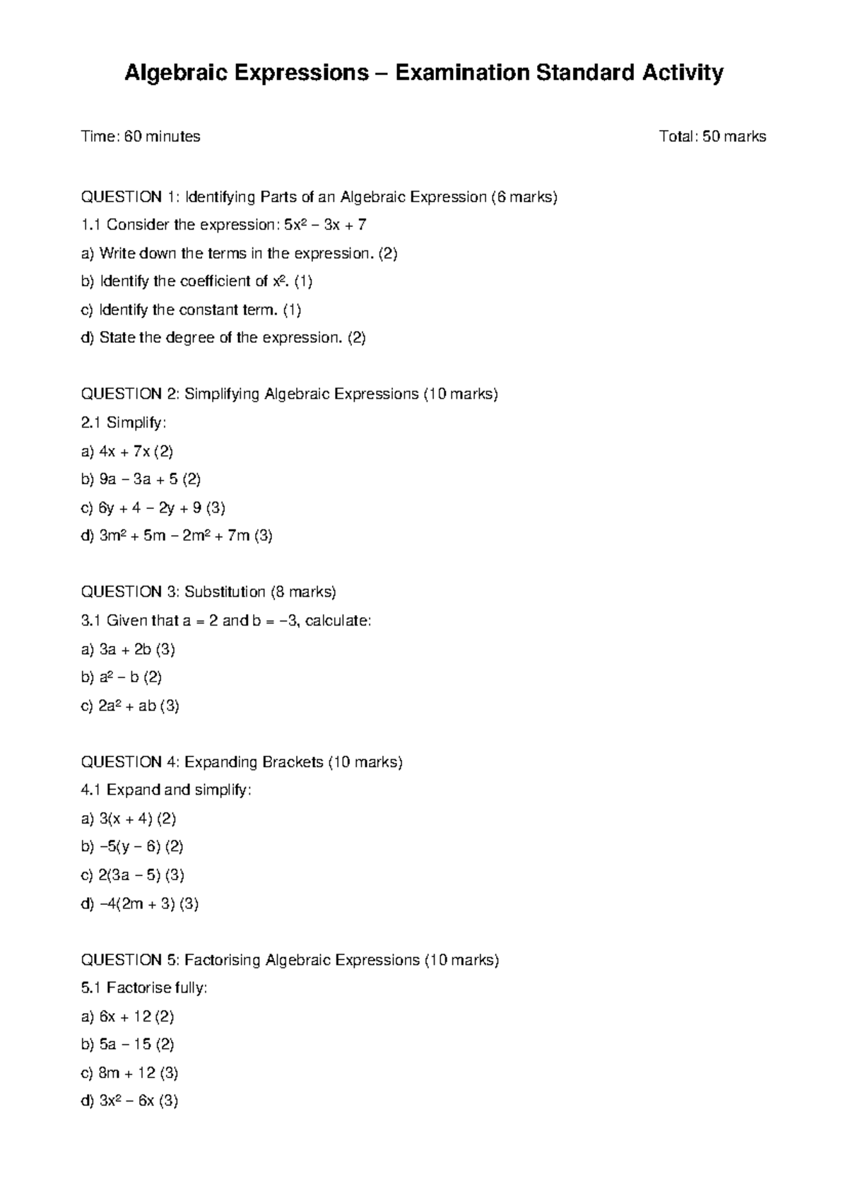 Algebraic Expressions Exam Activity (60 min) - 50 Marks - Studocu
