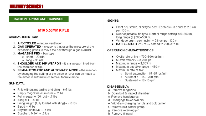 MILITARY SCIENCE 1: M16 & M14 Rifle Characteristics and Marksmanship ...