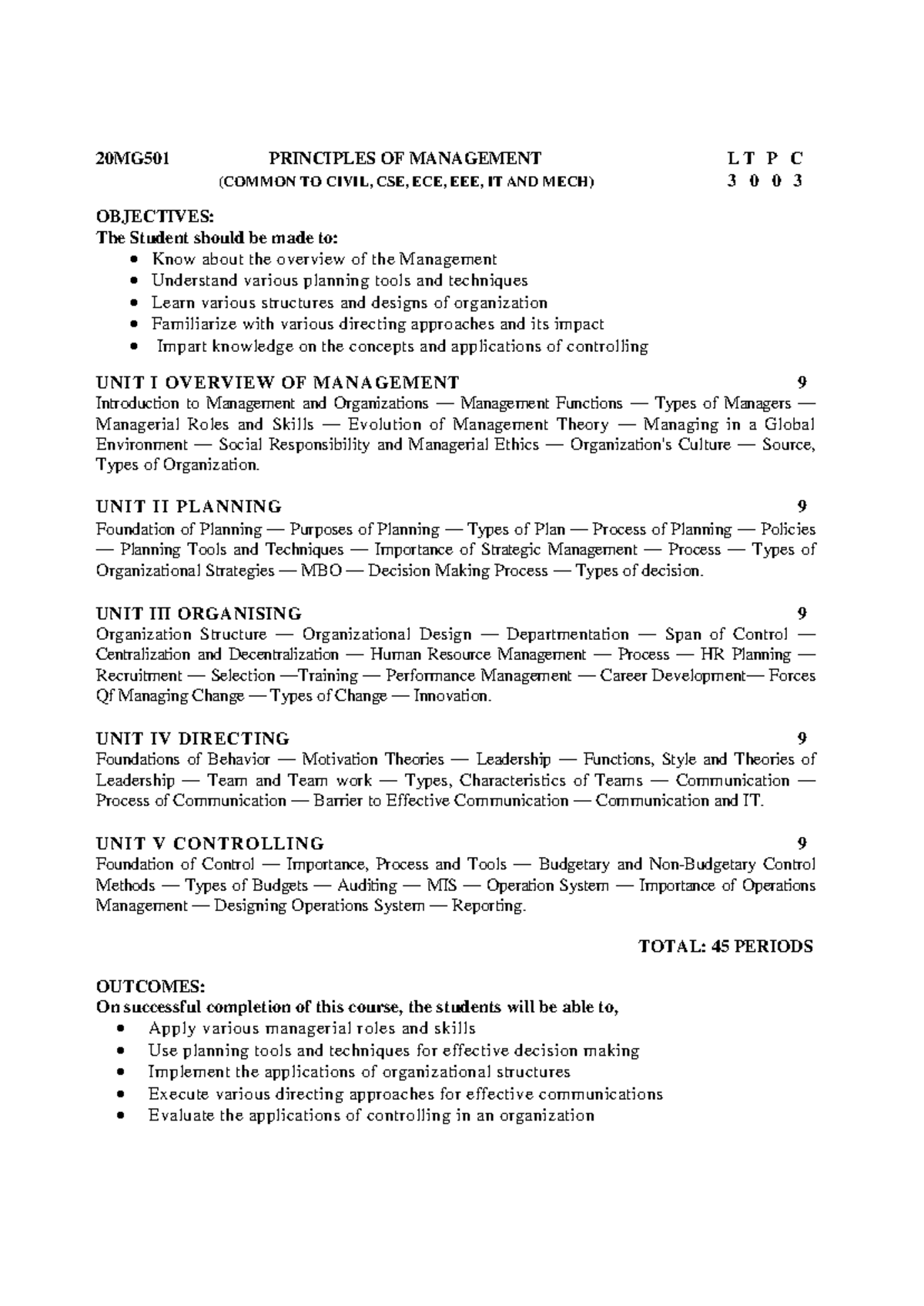 20MG501 Principles of Management Syllabus Overview and Details - Studocu