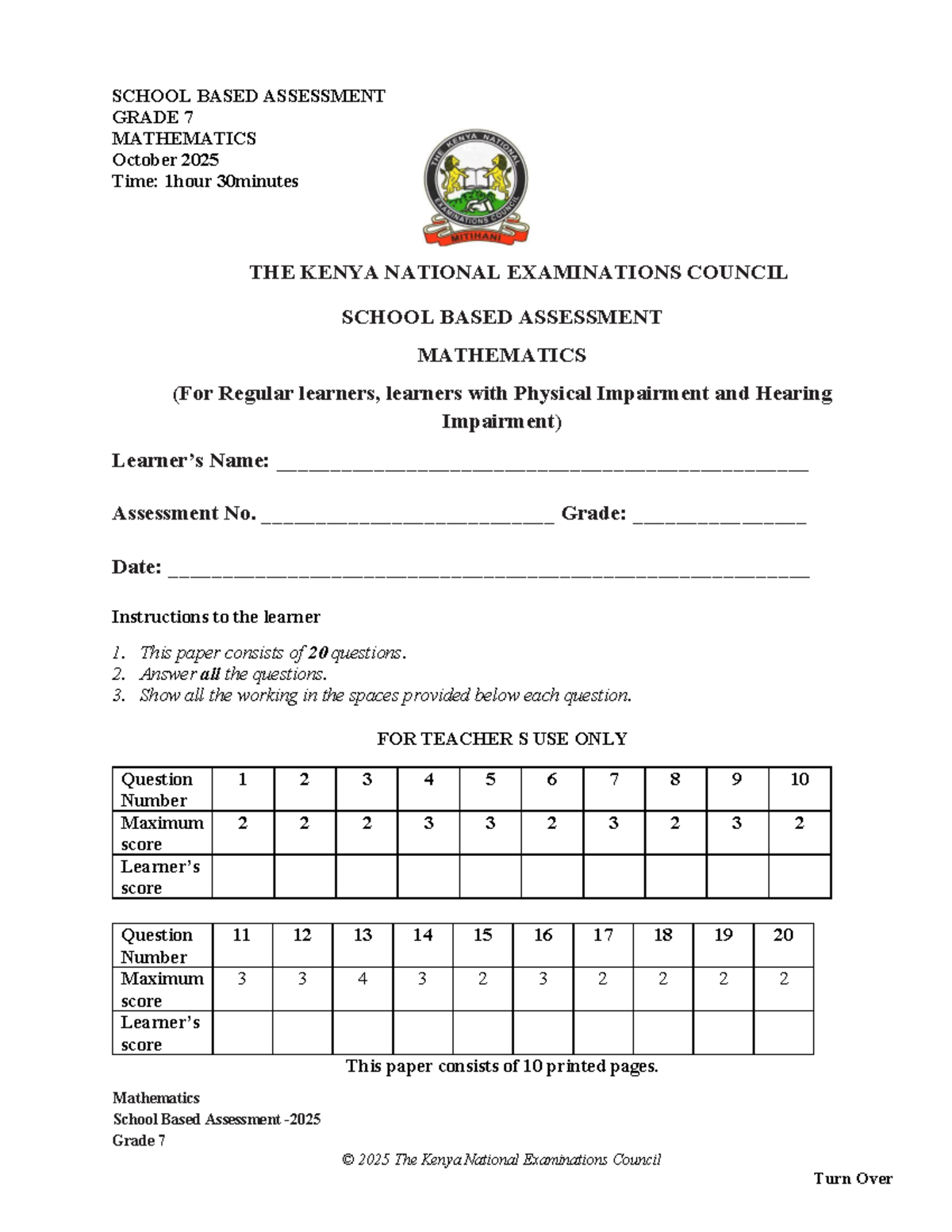 MAT 1 GRADE 7 SCHOOL BASED ASSESSMENT MATHEMATICS 2025 - Studocu