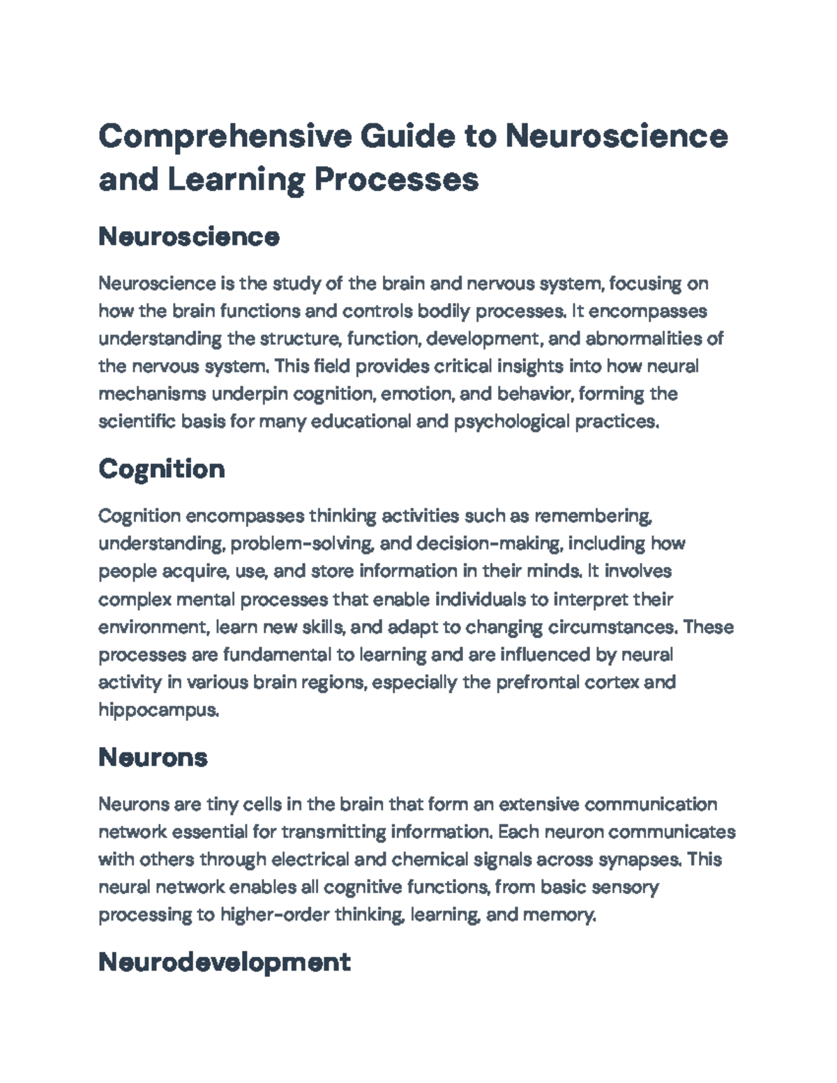 Neuroscience and Learning Processes: A Comprehensive Overview - Studocu