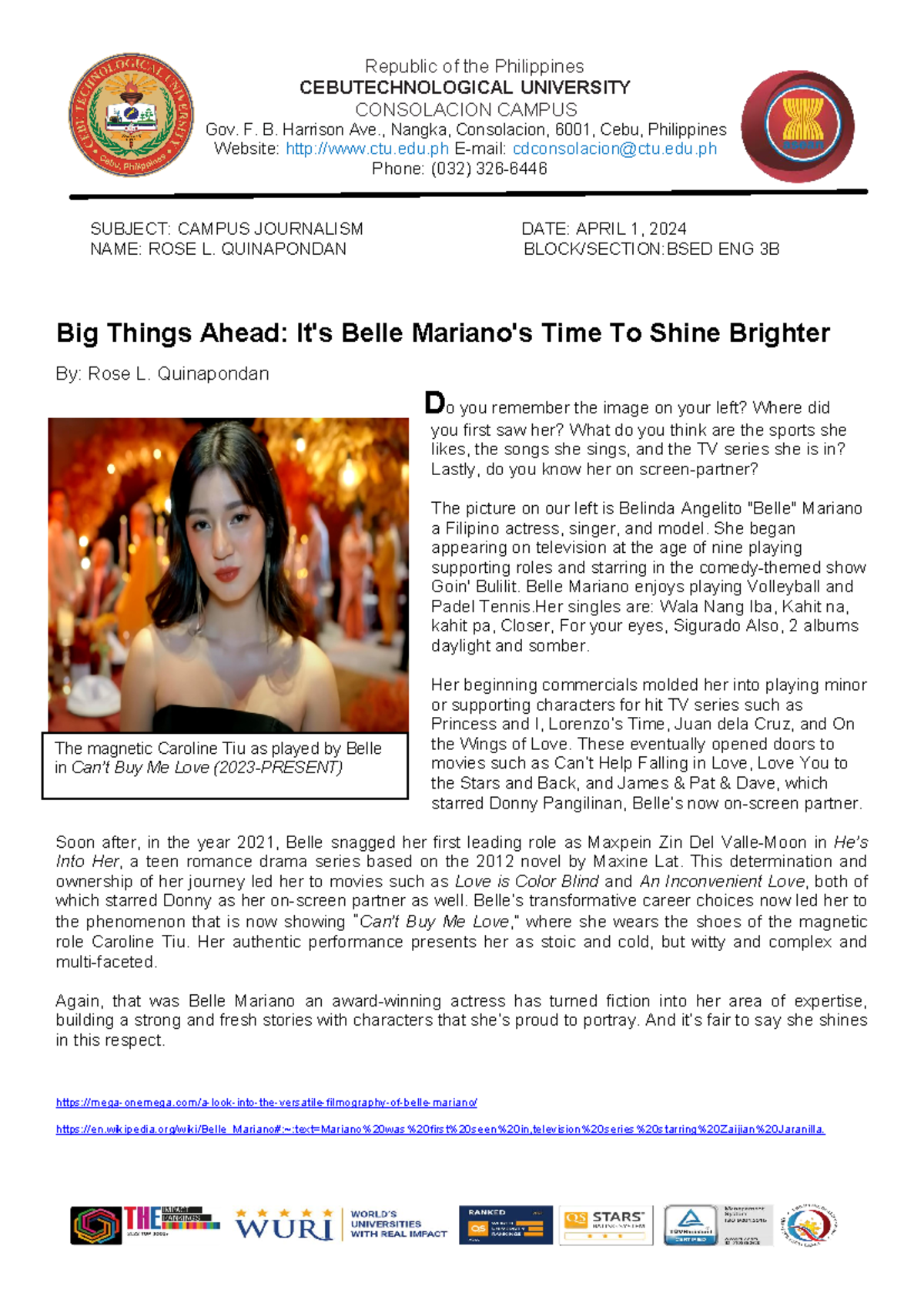 Feature Writing Sample: Belle Mariano's Rise in Campus Journalism - Studocu