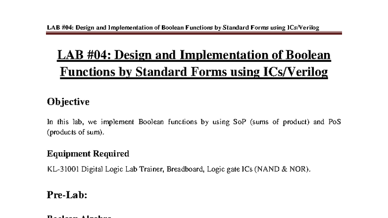 LAB3: Design & Implementation of Boolean Functions in Standard Forms - Studocu