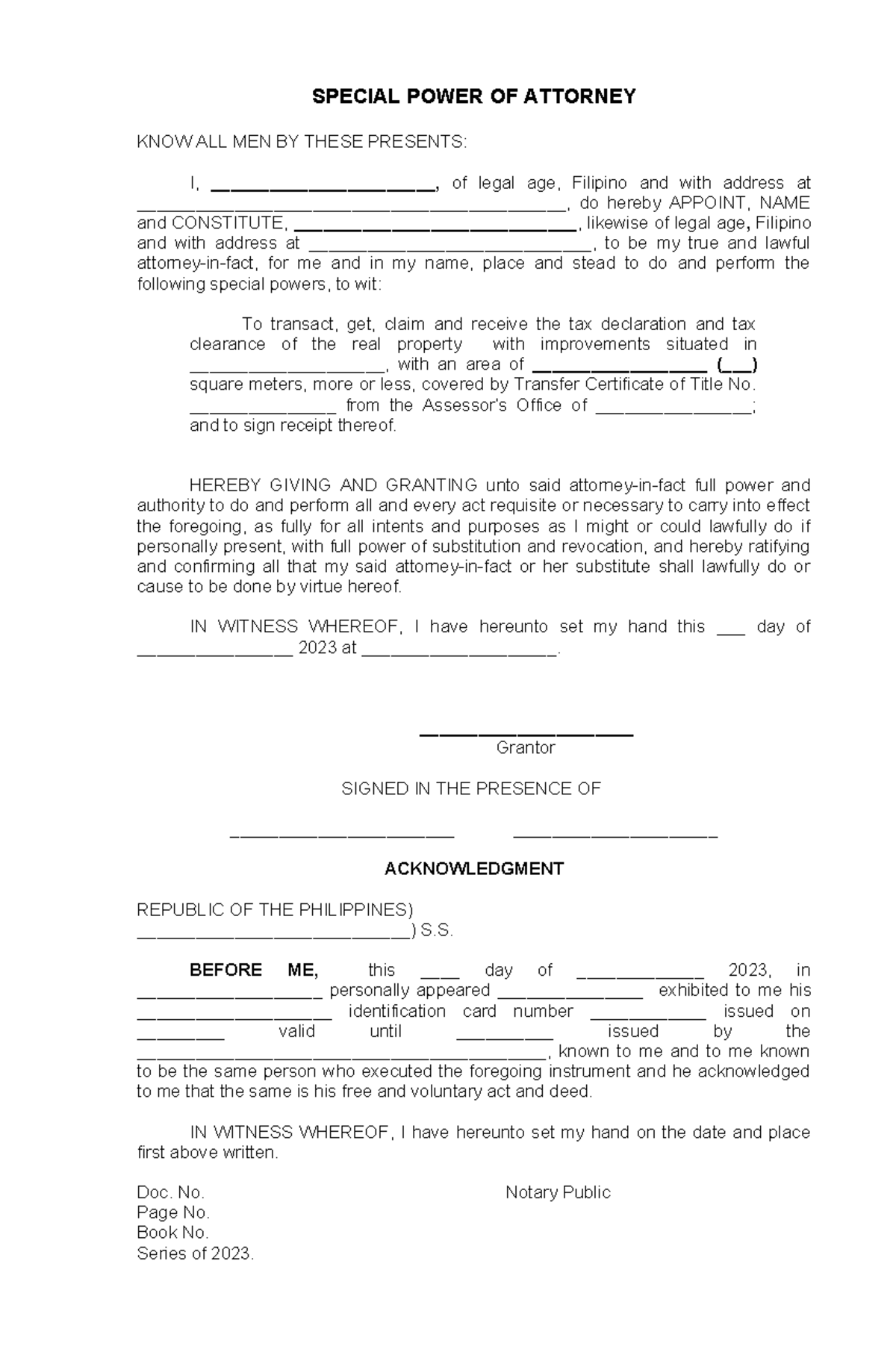 SPA FORM - spa - SPECIAL POWER OF ATTORNEY KNOW ALL MEN BY THESE ...