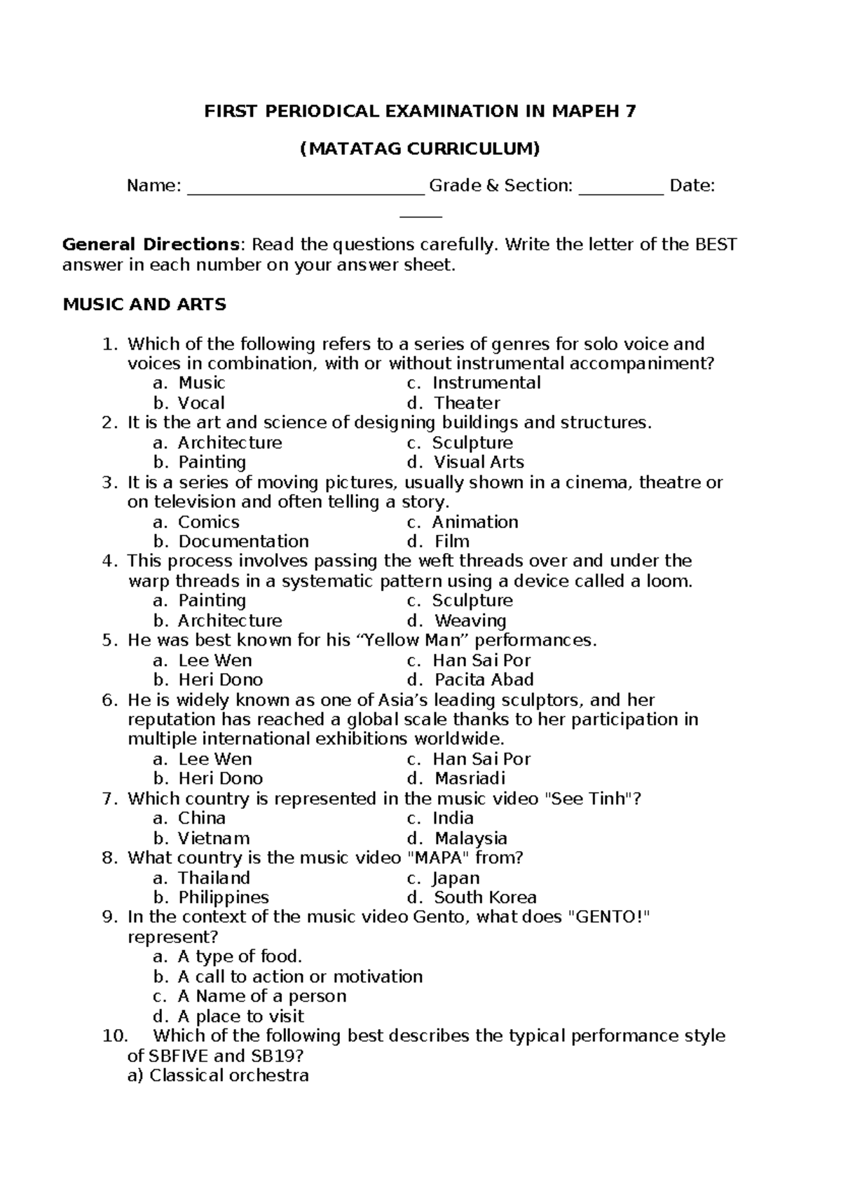 Q1 Periodical Exam Mapeh 7 (Matatag Curriculum) Overview and Key ...