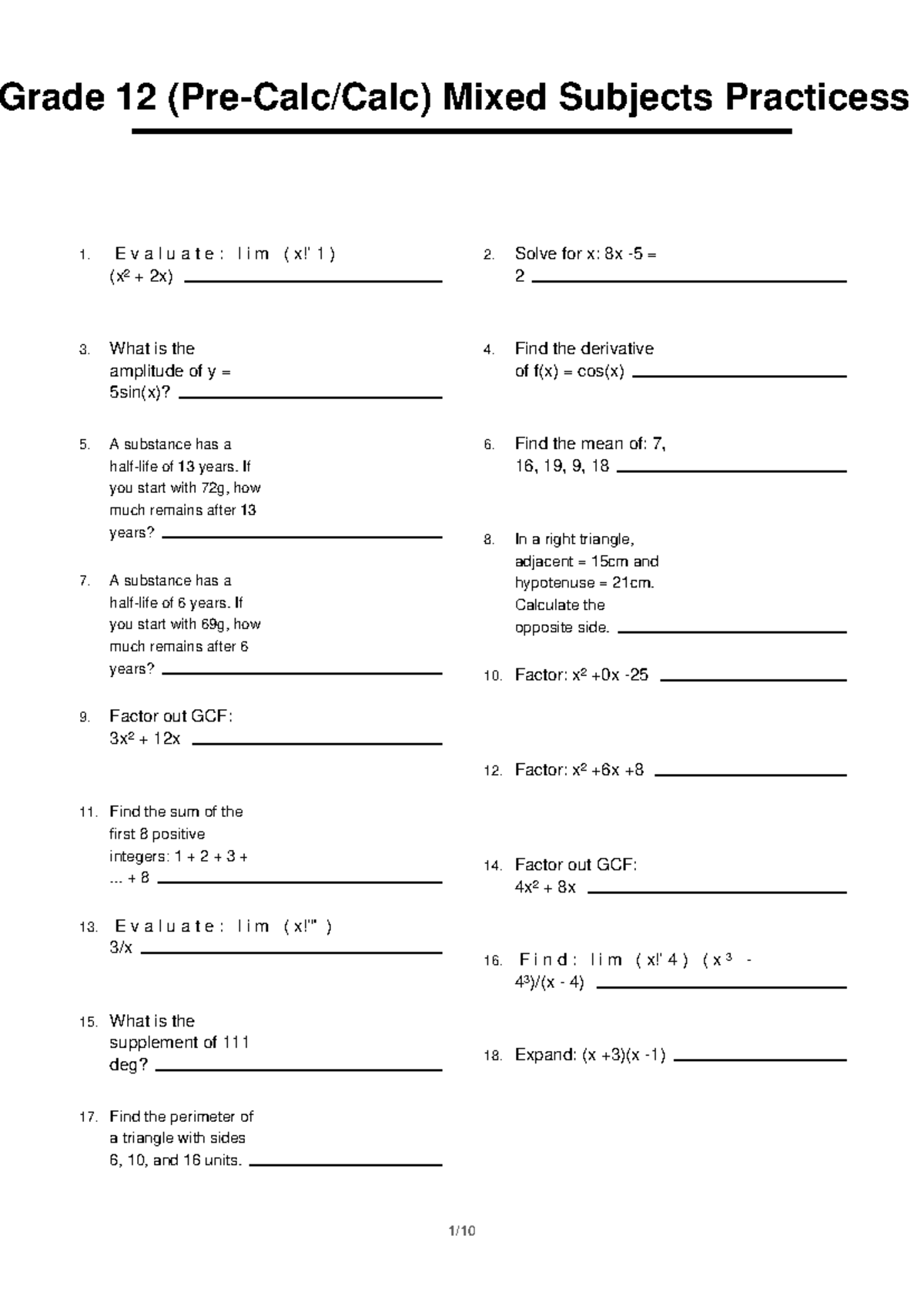 Grade 12 Calc Mixed Subjects Practice 2 - Studocu