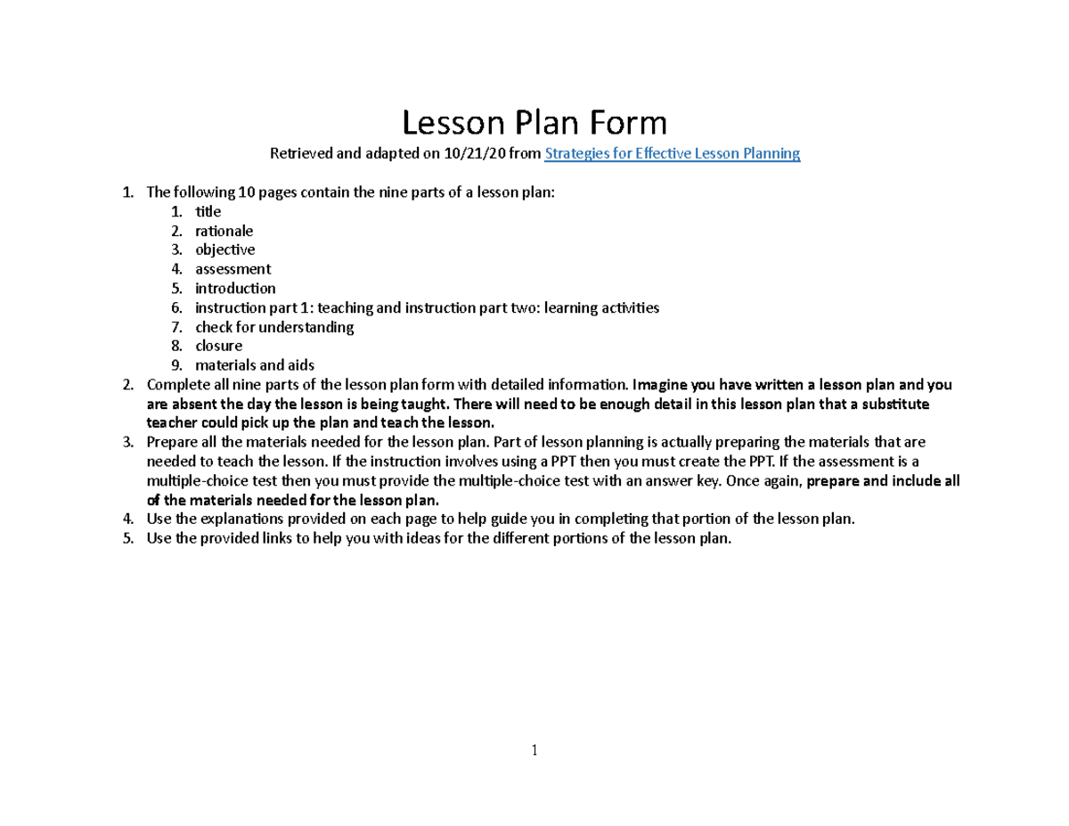 Personal Lesson Plan Overview - Course Code TEP 101 - Studocu