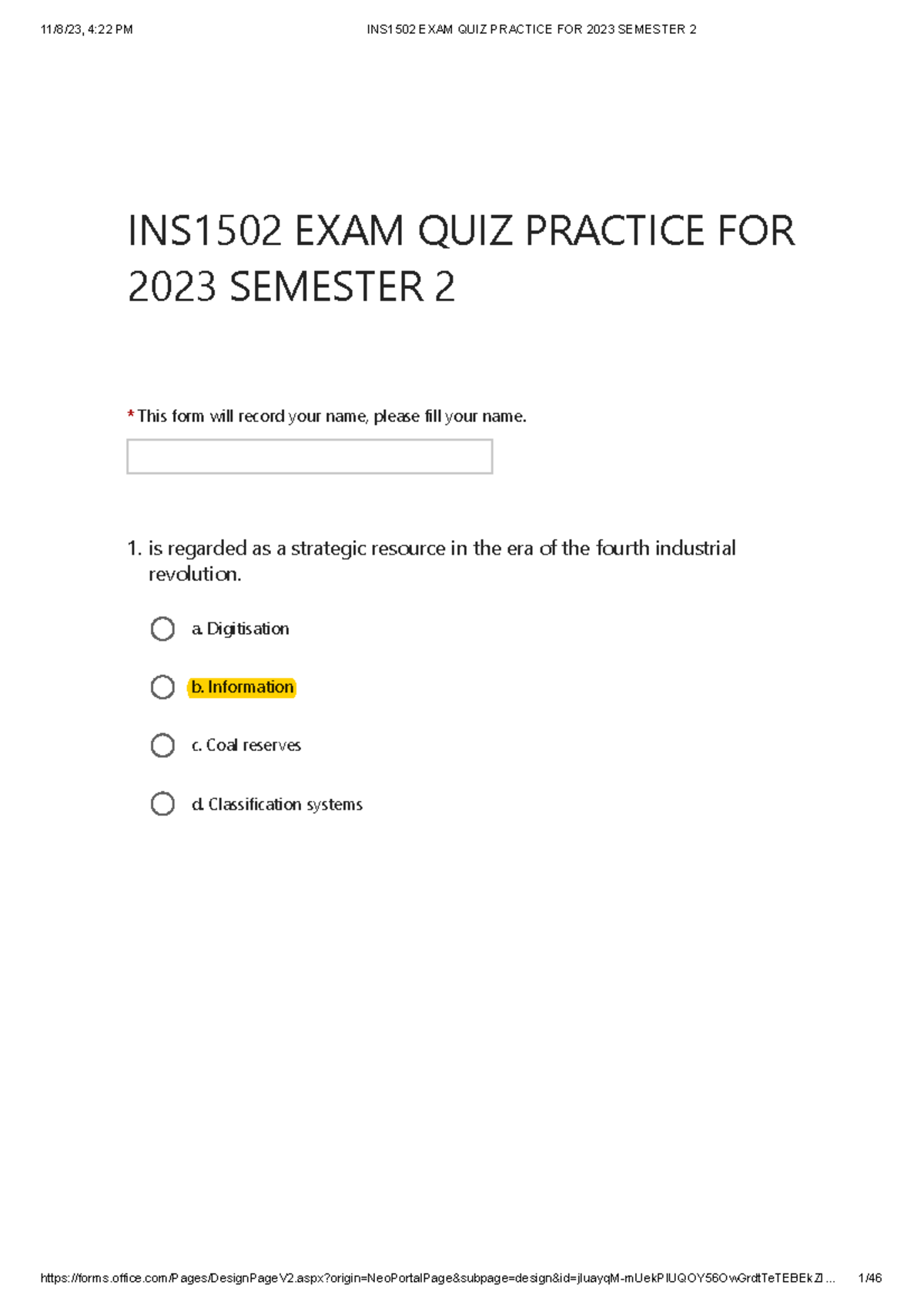 INS1502 EXAM QUIZ PRACTICE: INFO LITERACY FOR 2023 SEMESTER 2 - Studocu