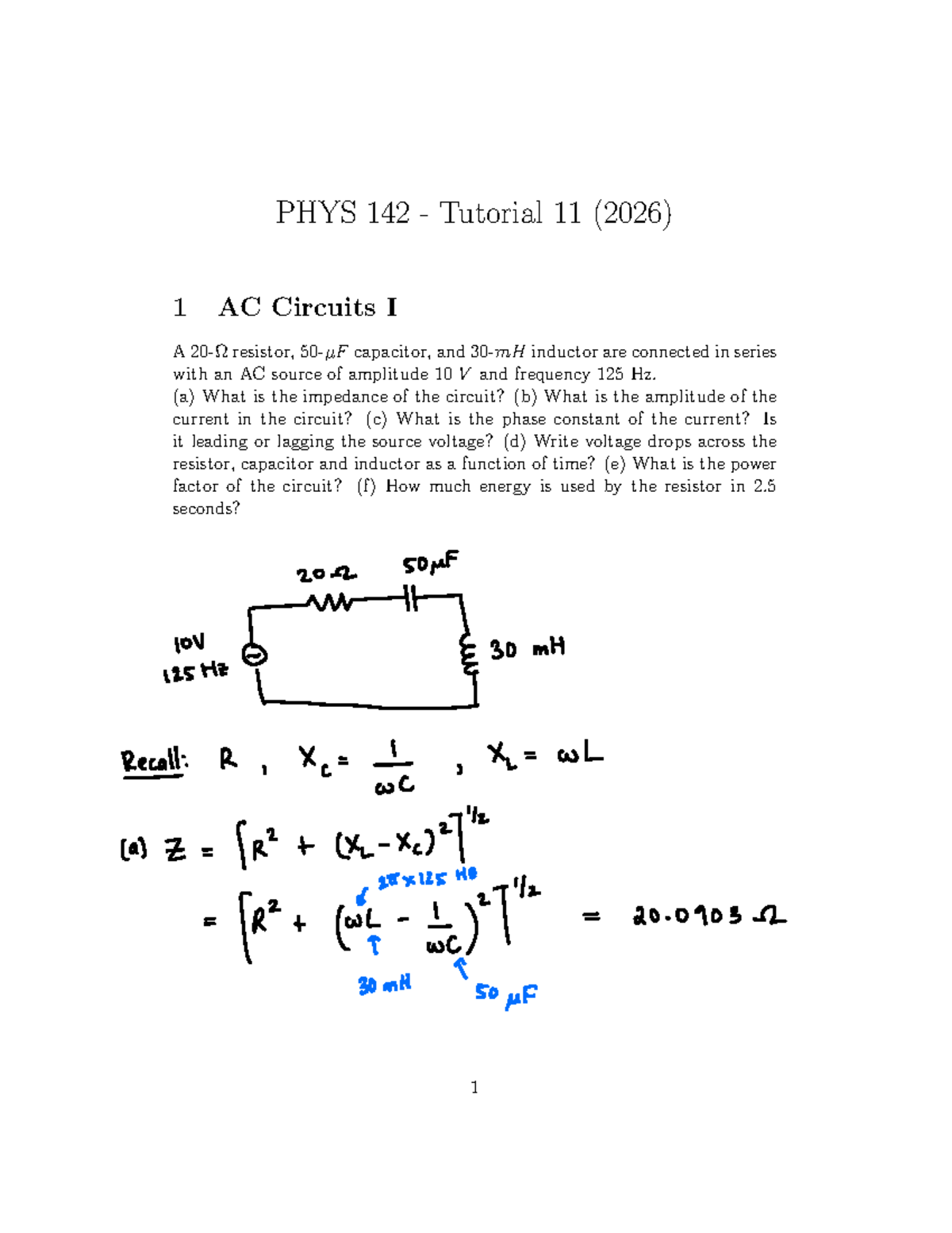 PHYS 142 Tutorial 11 (2026) Solutions: AC Circuits & Interference - Studocu
