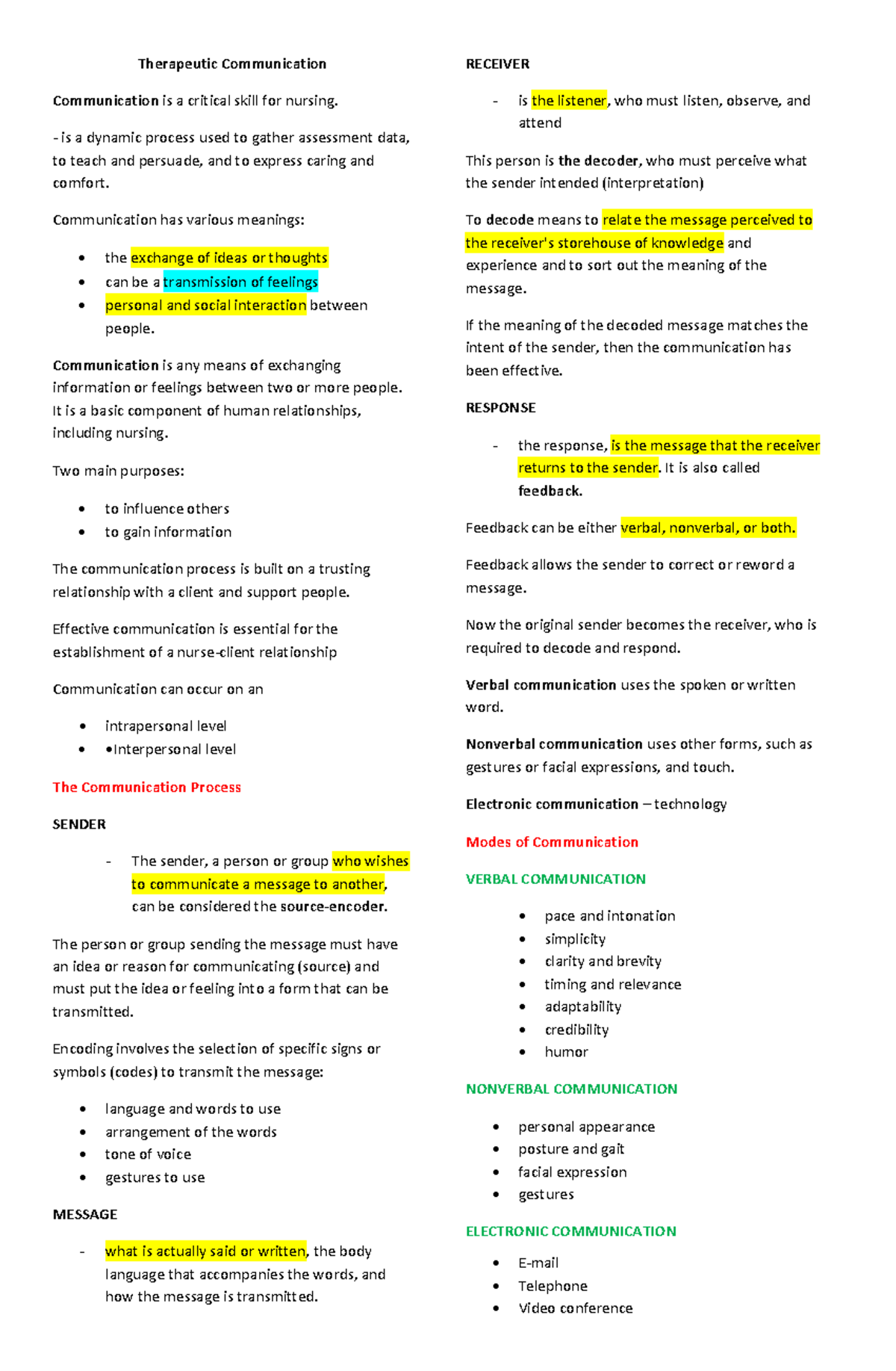 NCM 103 - Lecture Notes on Therapeutic Communication Principles - Studocu