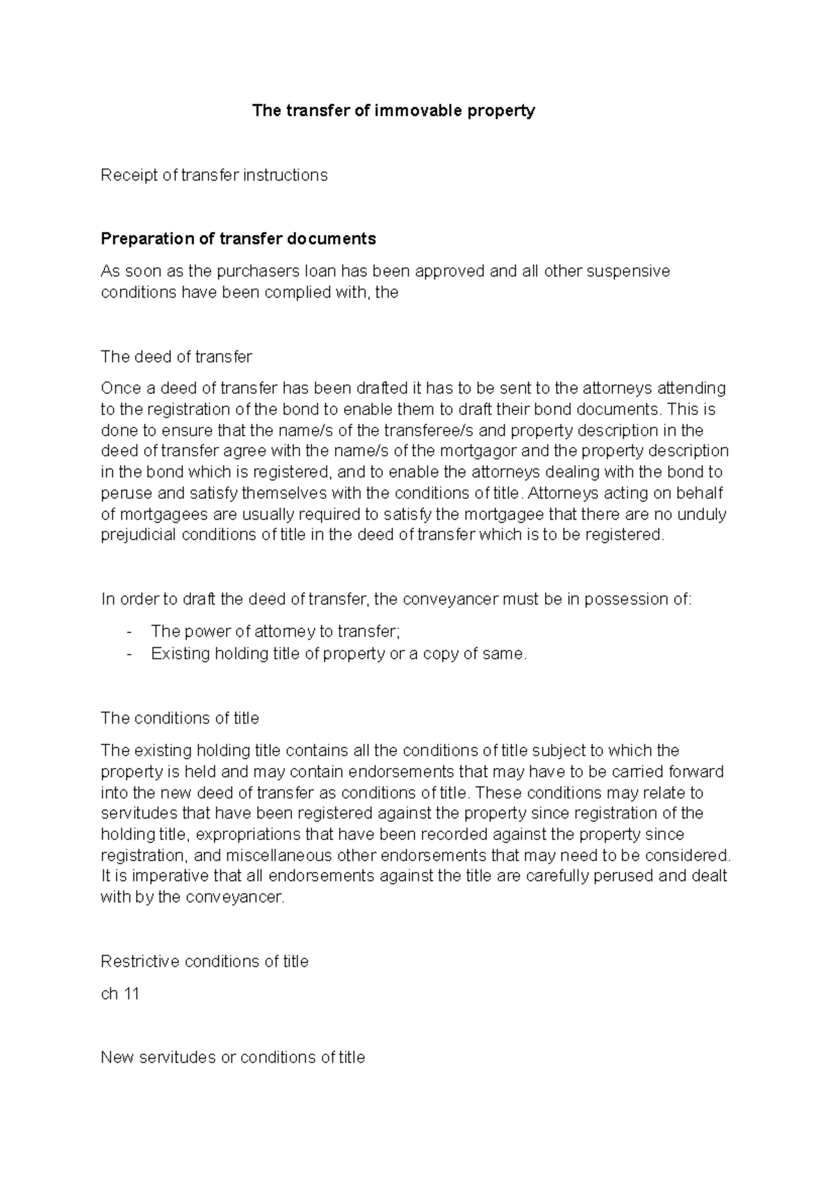 Conveyancing Notes 2019: Understanding Property Transfer Process - Studocu