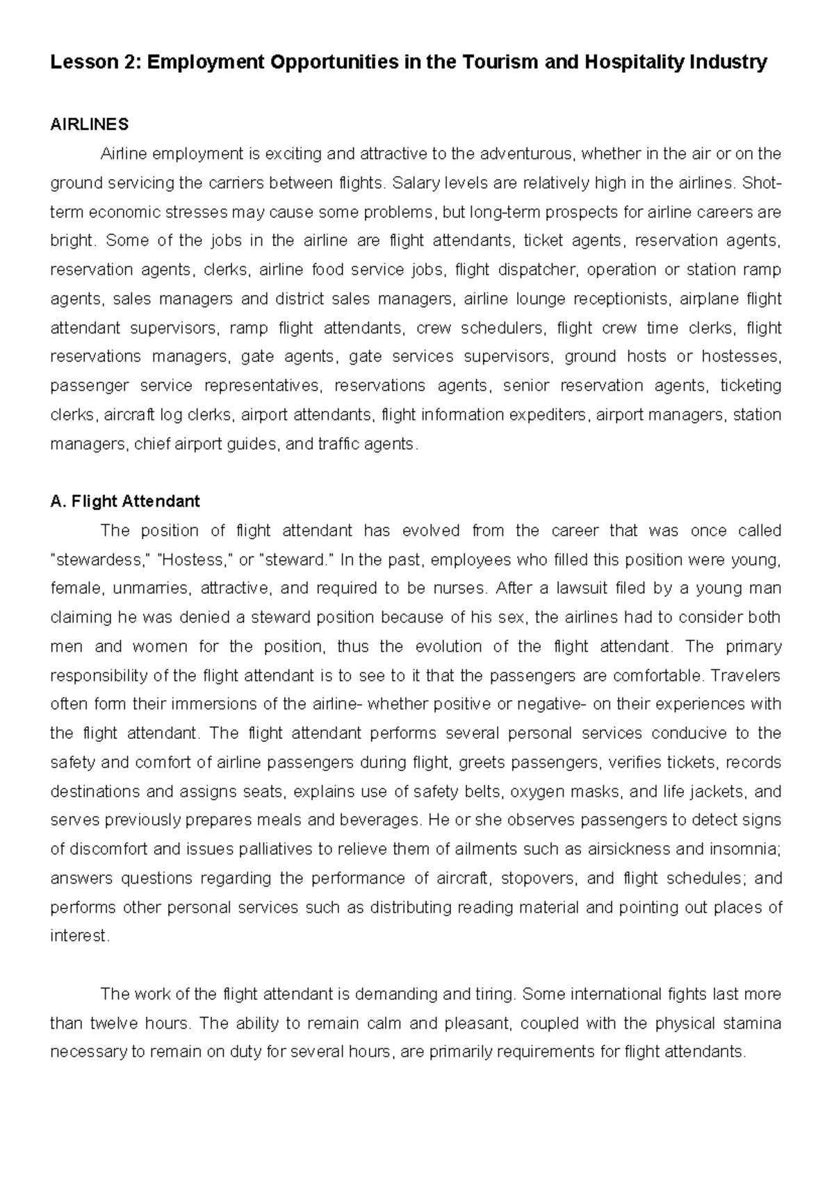 Lesson 2 - Lesson 2: Employment Opportunities in the Tourism and ...