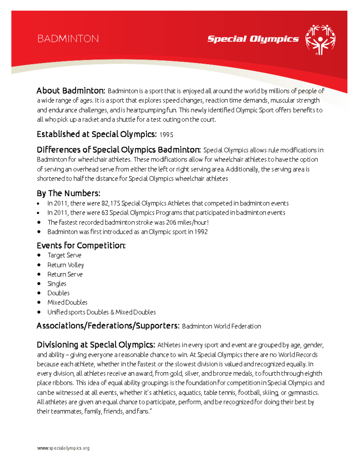 Special Olympics Badminton Fact Sheet: Overview & Competition Details - Studocu