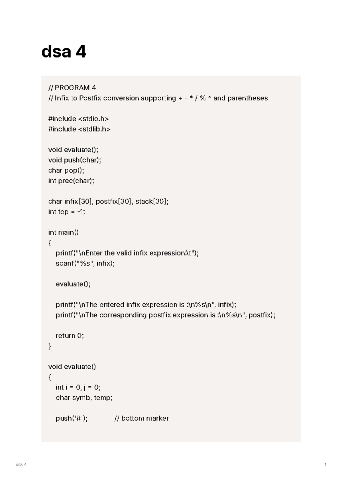DSA 4 Lab Program: Infix to Postfix & Employee Data Structures - Studocu