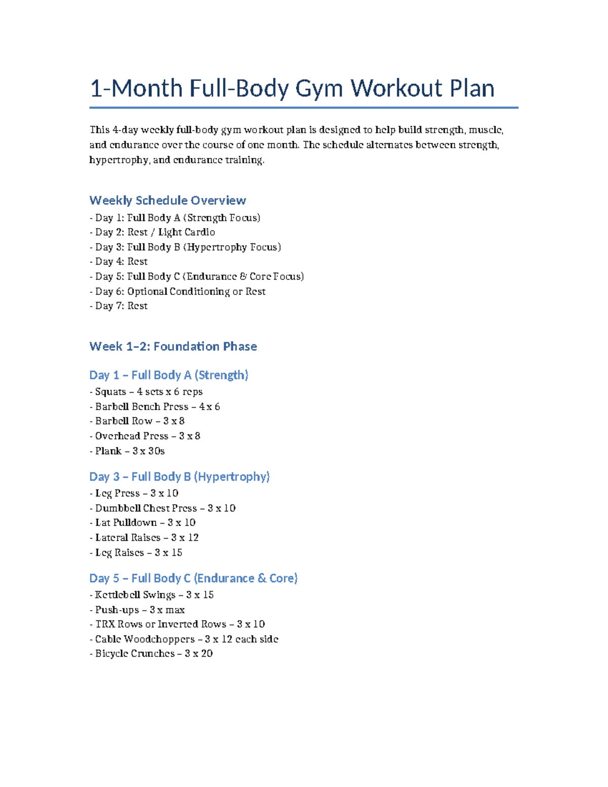 1-Month Gym Workout Plan: Strength, Hypertrophy & Endurance - Studocu