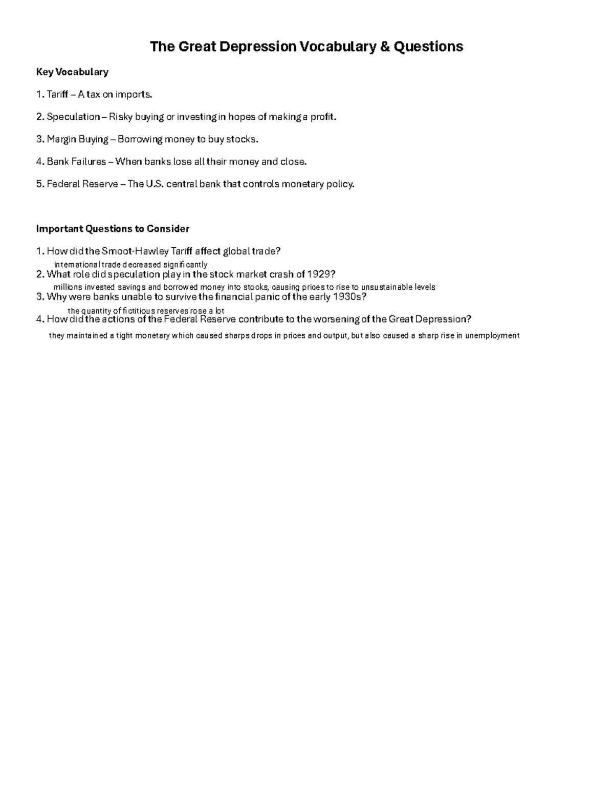 Unit 6: Causes of the Great Depression - Vocabulary & Key Questions ...
