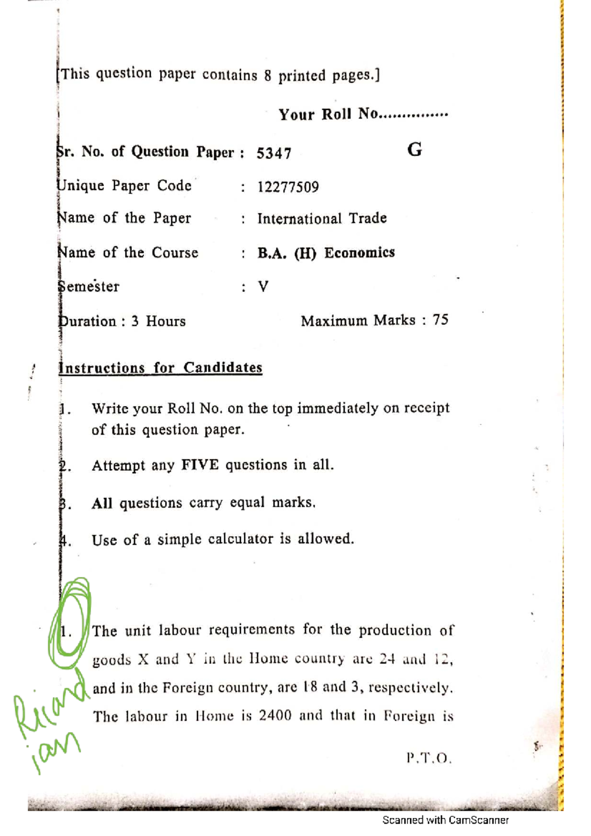 International Trade Exam Paper - B.A. (H) Economics Sem V - Studocu