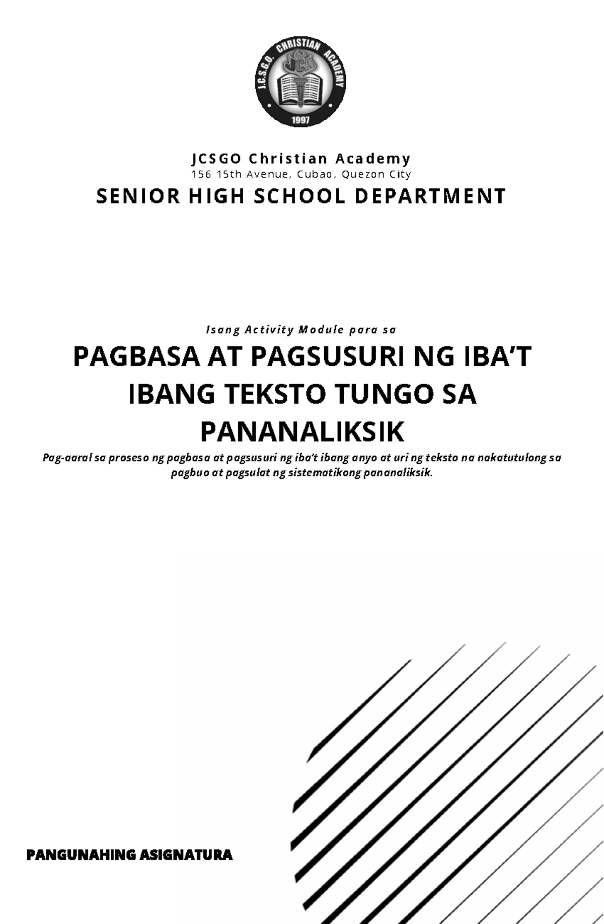 Pagbasa at Pagsusuri: Activity Module para sa Grade 11 Core - Studocu