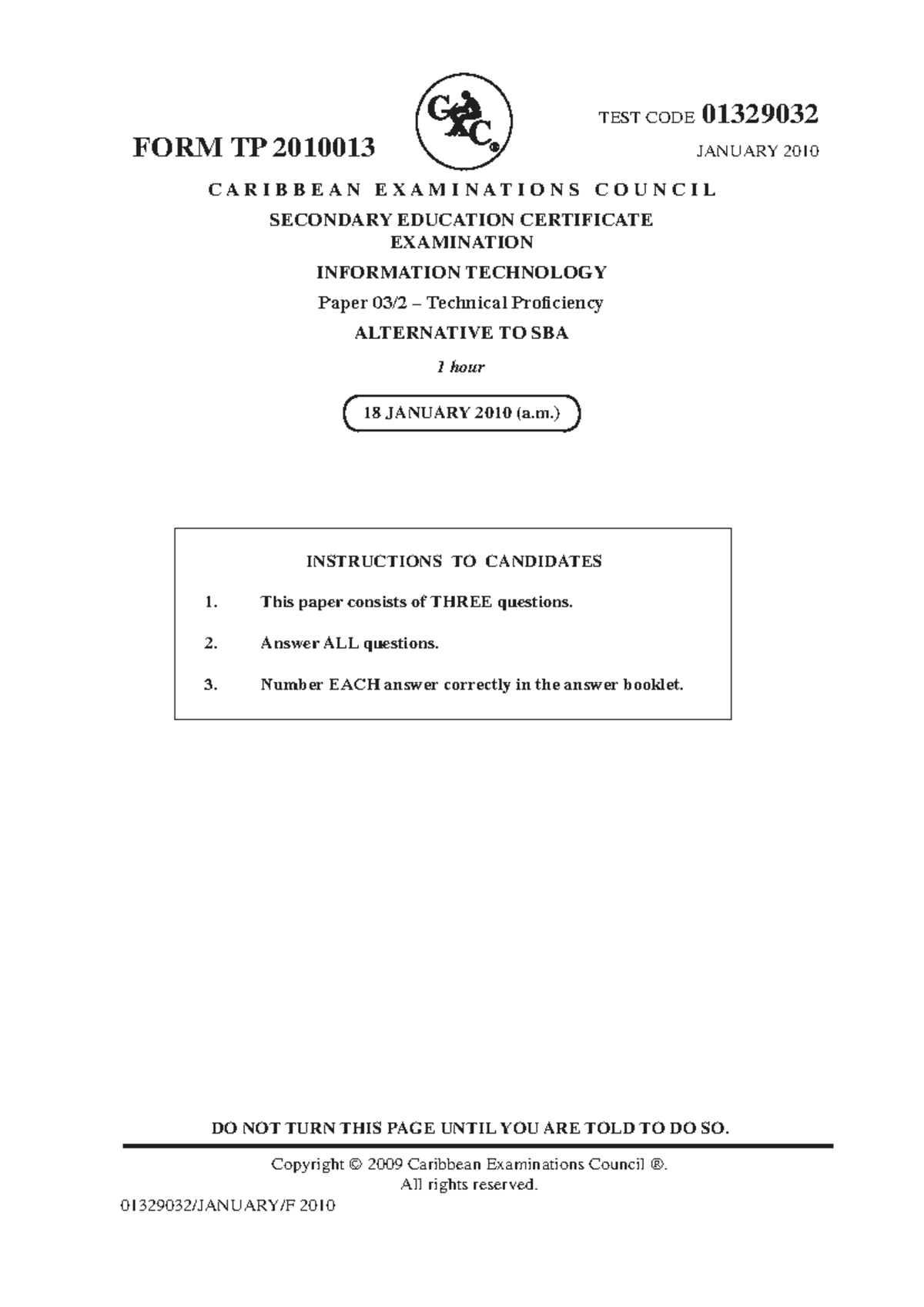CSEC IT Exam Paper - January 2010 (P032) - Technical Proficiency - Studocu