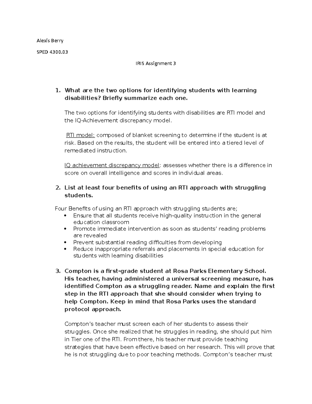 IRIS September 22 - IRIS coursework module answers. - Alexis Berry SPED 4300. IRIS Assignment 3 ...