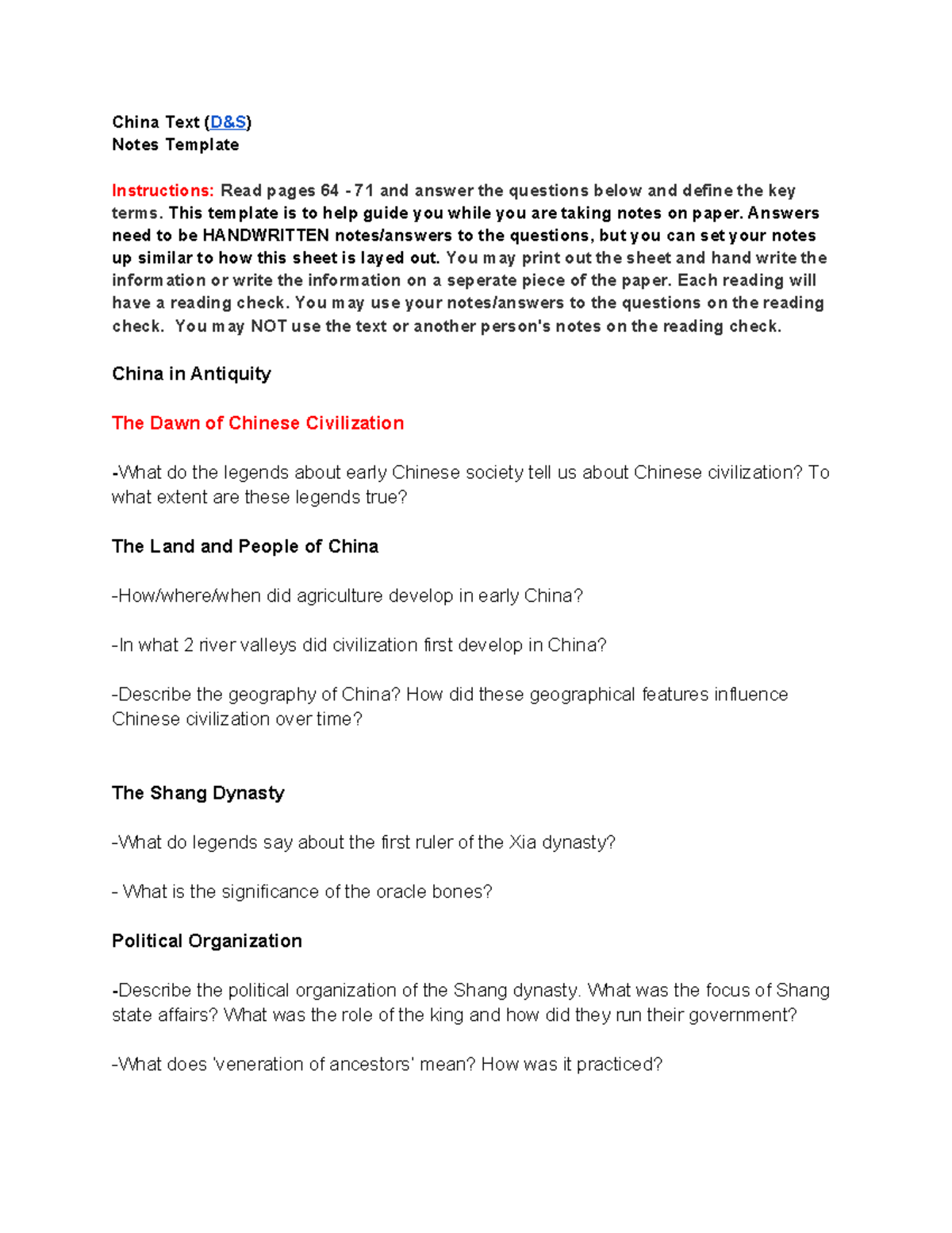 China Guided Notes (D&S): Key Concepts and Questions from Antiquity ...