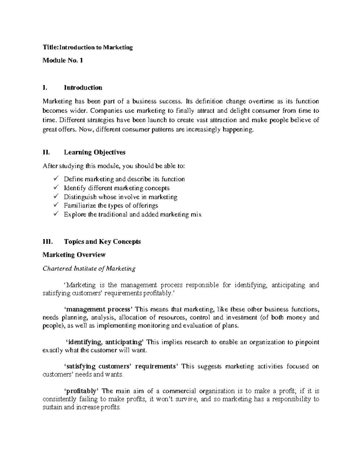 Module 1 - MKT 101: Introduction to Marketing Concepts and Practices ...