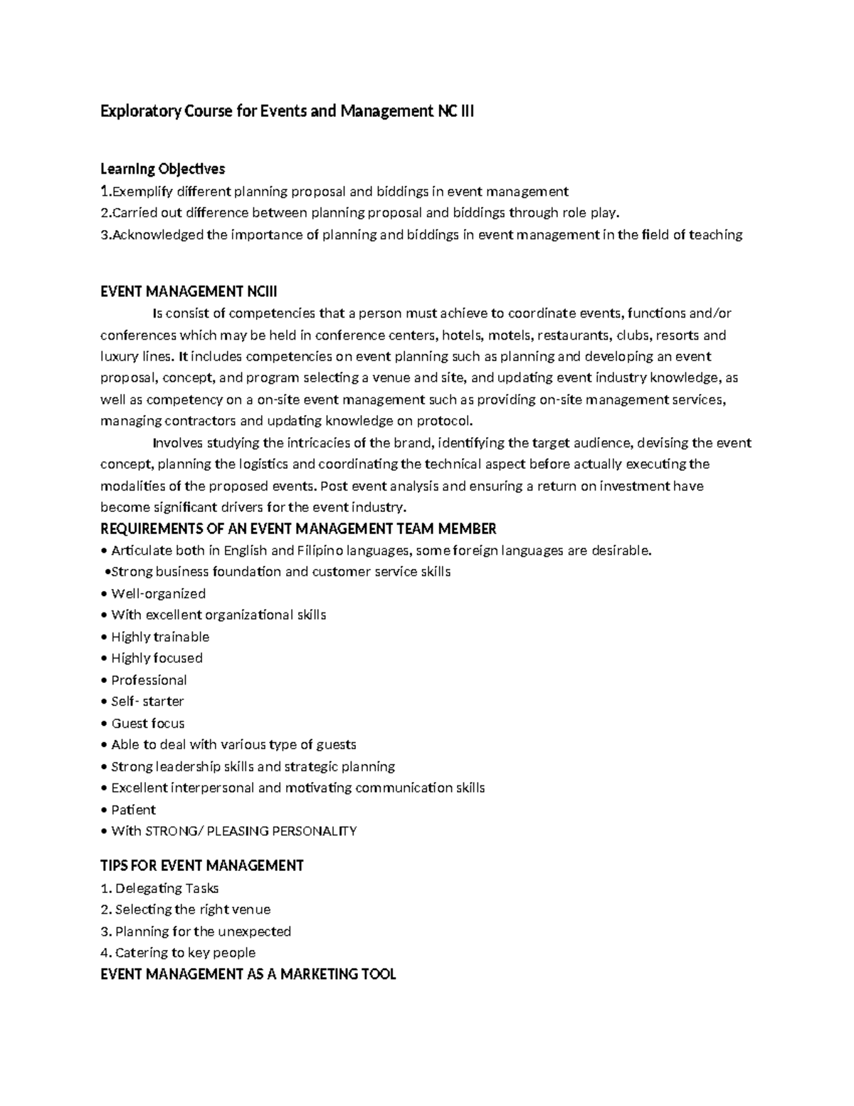 Event Management NC: Learning Objectives & Key Competencies - Studocu