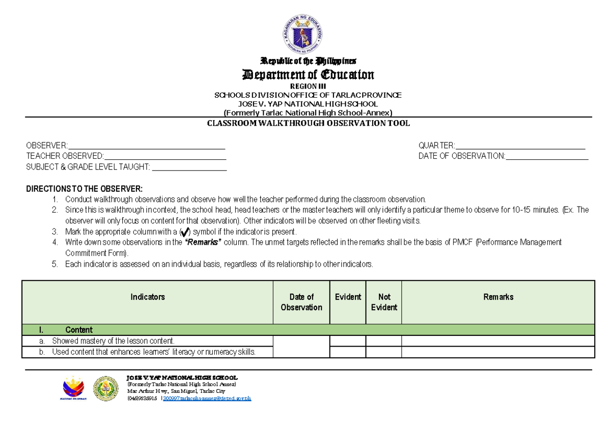 CWOT-2025: Classroom Walkthrough Observation Tool for Teachers - Studocu