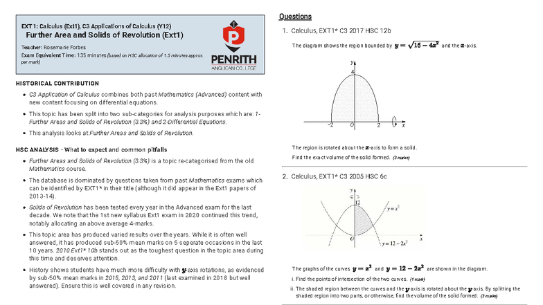 Further Areas and Solids of Revolution - EXT1 Calculus C3 Practice ...