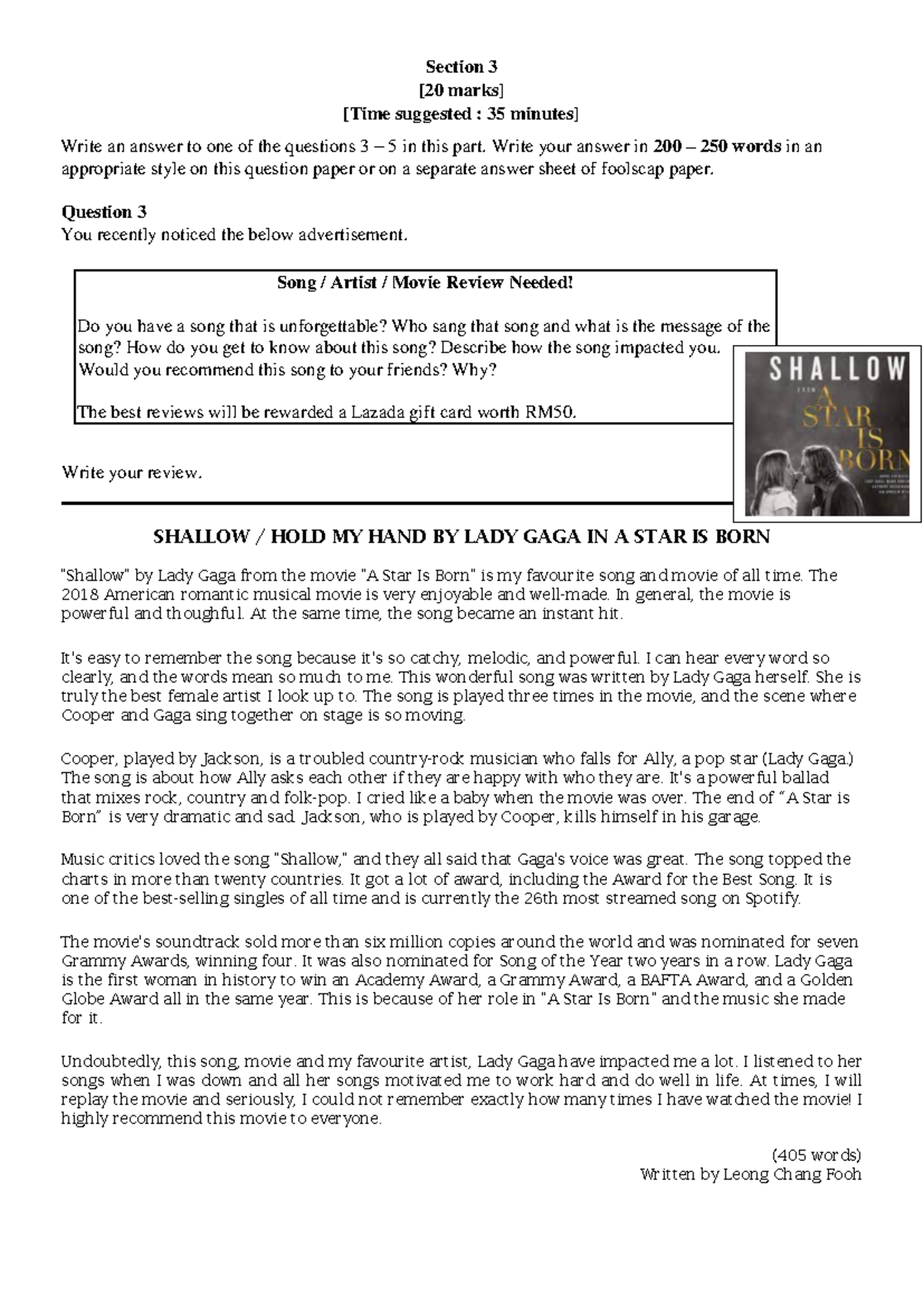 Song and Artist Review: "Shallow" by Lady Gaga in A Star Is Born - Studocu