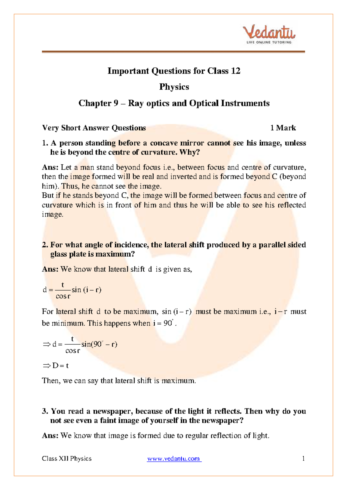 Ray Optics and Optical Instruments: Important Questions for Class 12 ...