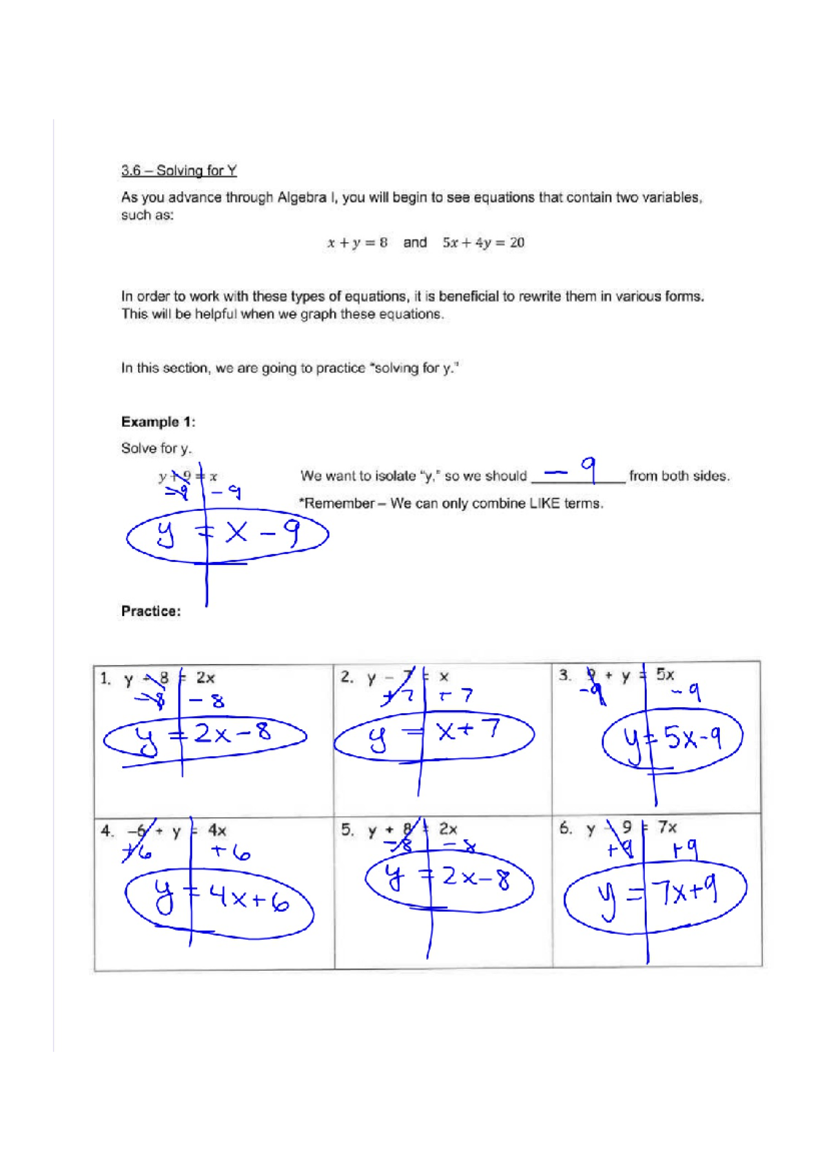 Algebra I: Solving for Y - Practice Notes (3.6) - Studocu
