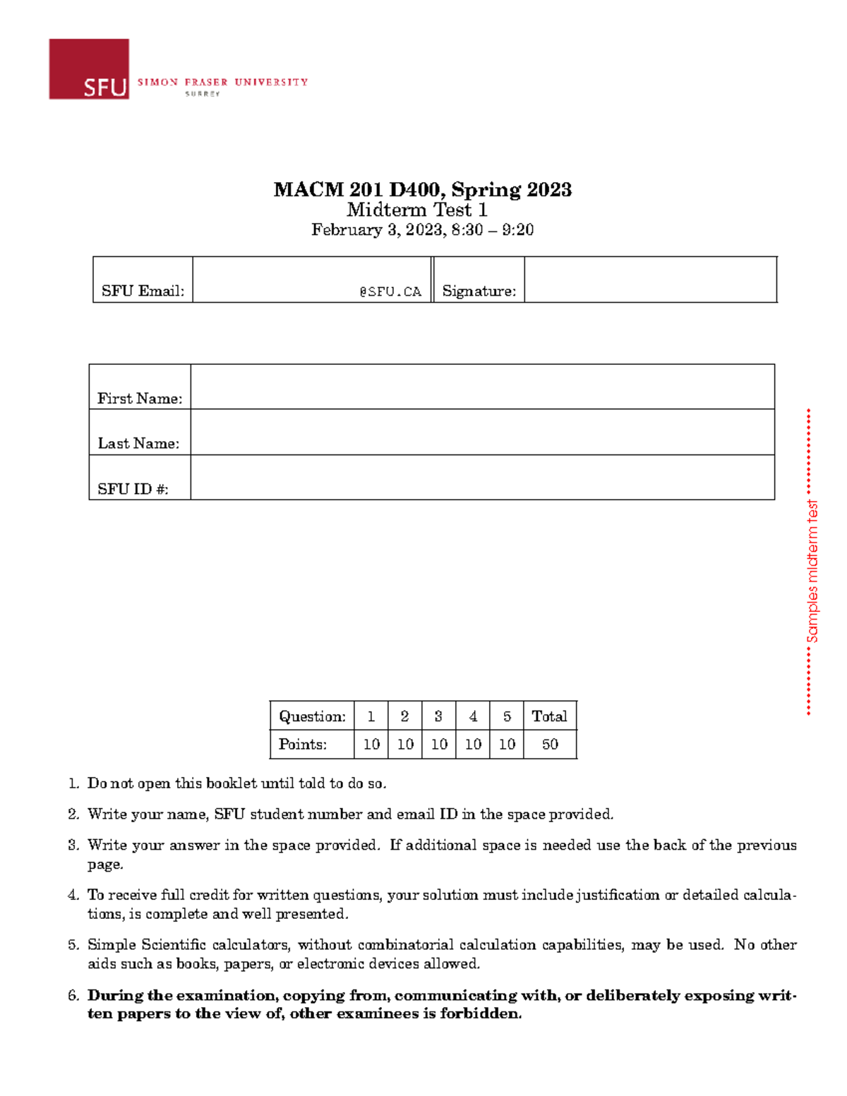 Sample SFU Midterm Test 1 - Practice Questions and Guidelines - Studocu