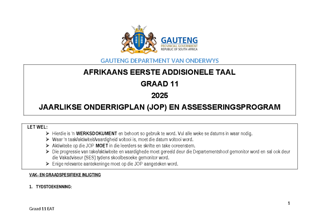 2025 GR 11 EAT Jaarlikse Onderrigplan en Assessering Program - Studocu