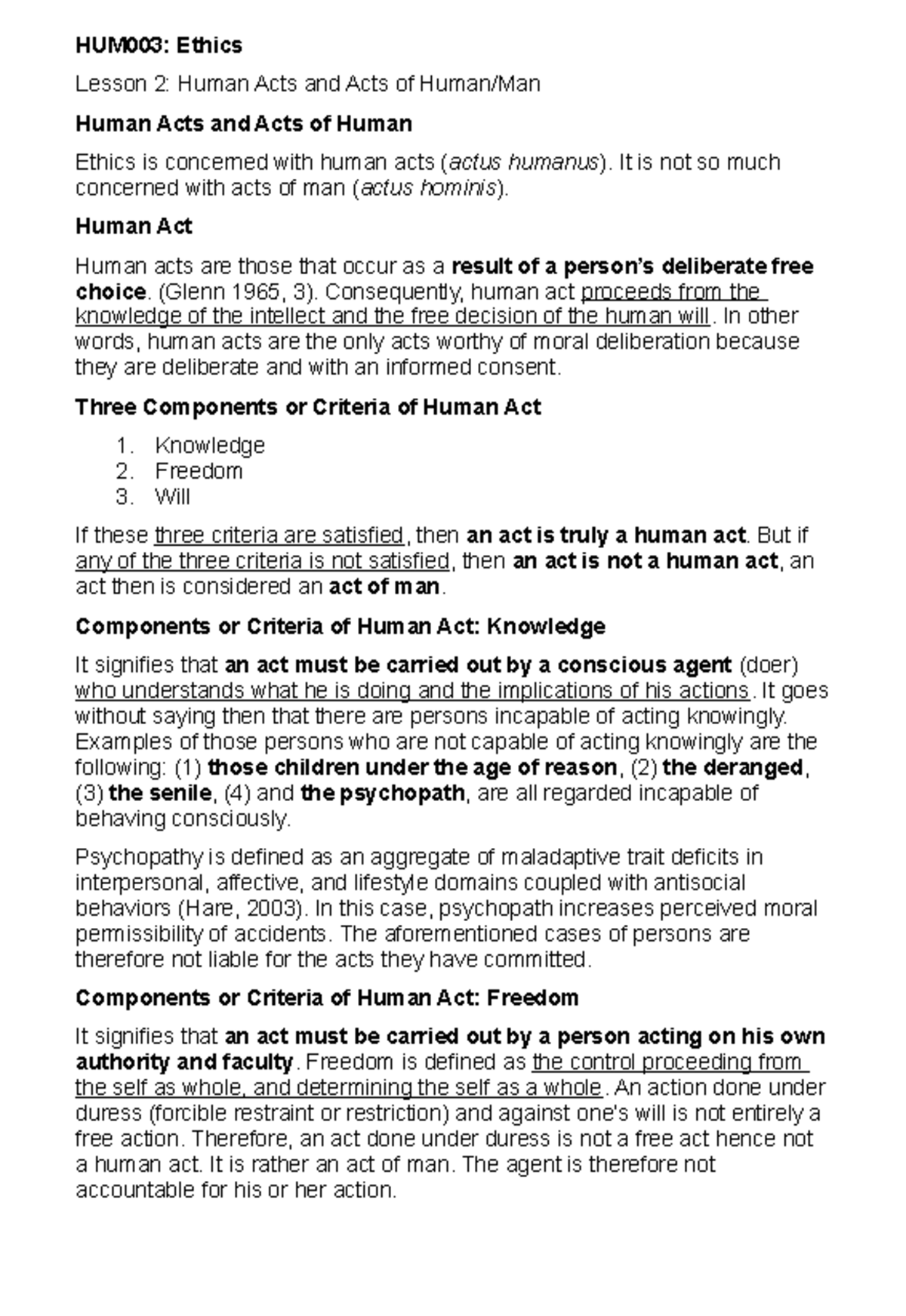 Lesson 2 (notes) - HUM003: Ethics Lesson 2: Human Acts and Acts of ...