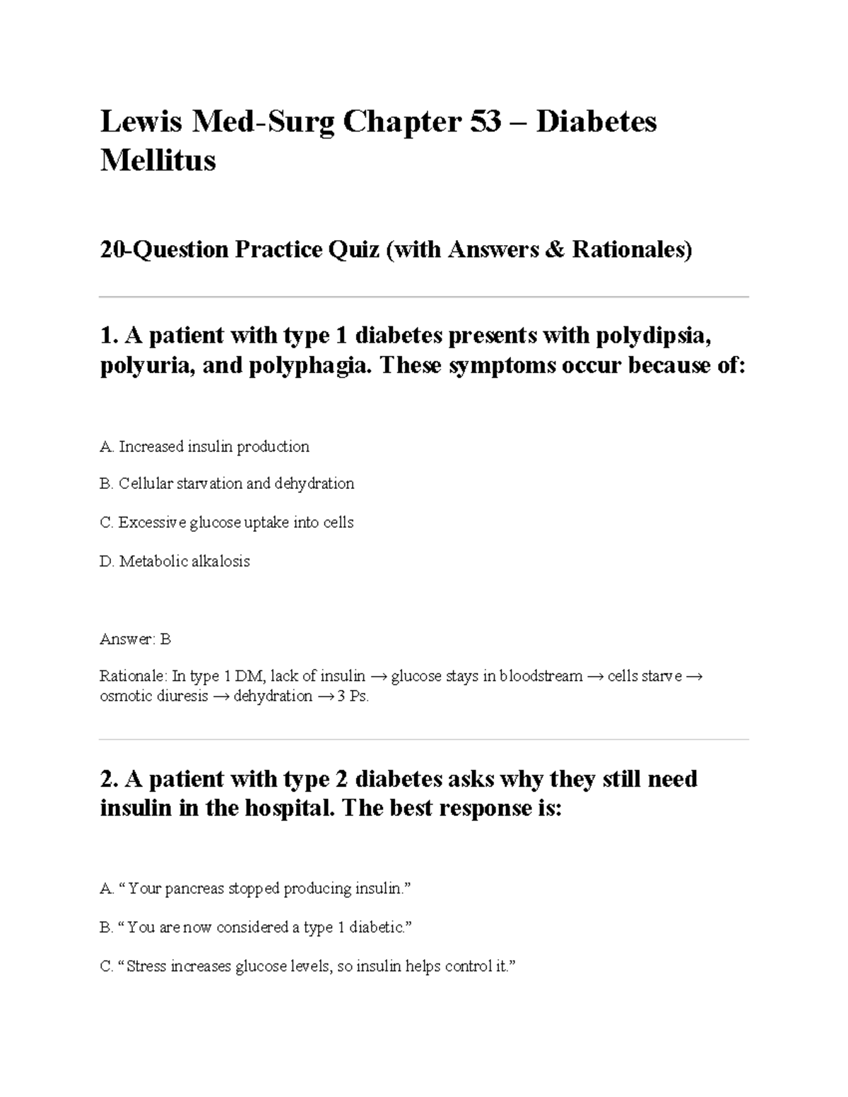 Lewis Chapter 53 Diabetes Mellitus Practice Quiz (with Answers) - Studocu