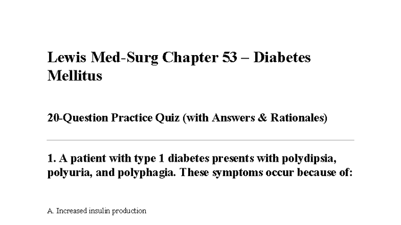 Lewis Chapter 53 Diabetes Mellitus Practice Quiz (with Answers) - Studocu