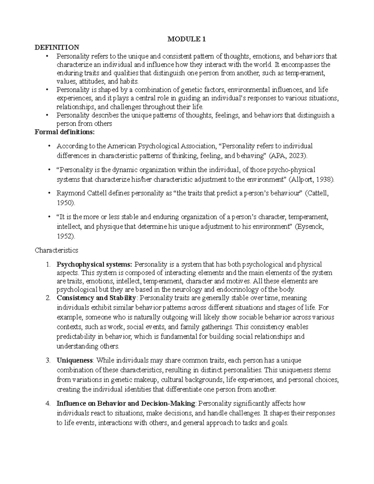 Personality Theory: Comprehensive Notes for PSY 101 Class - Studocu