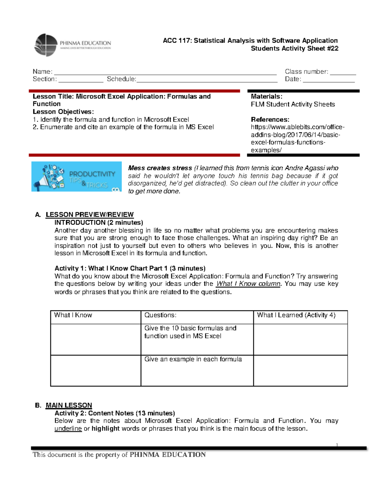 ACC 117: Excel Formulas & Functions Lesson Activity Sheet - Studocu