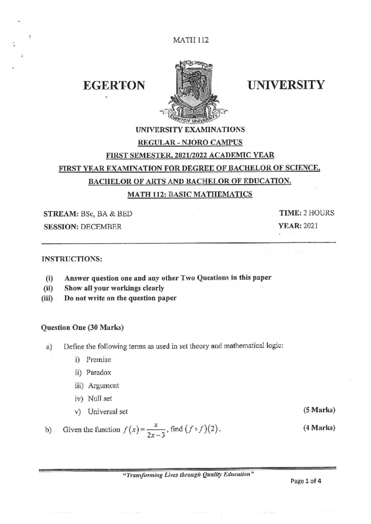 MATH 112: Basic Mathematics Final Exam December 2021 - Studocu