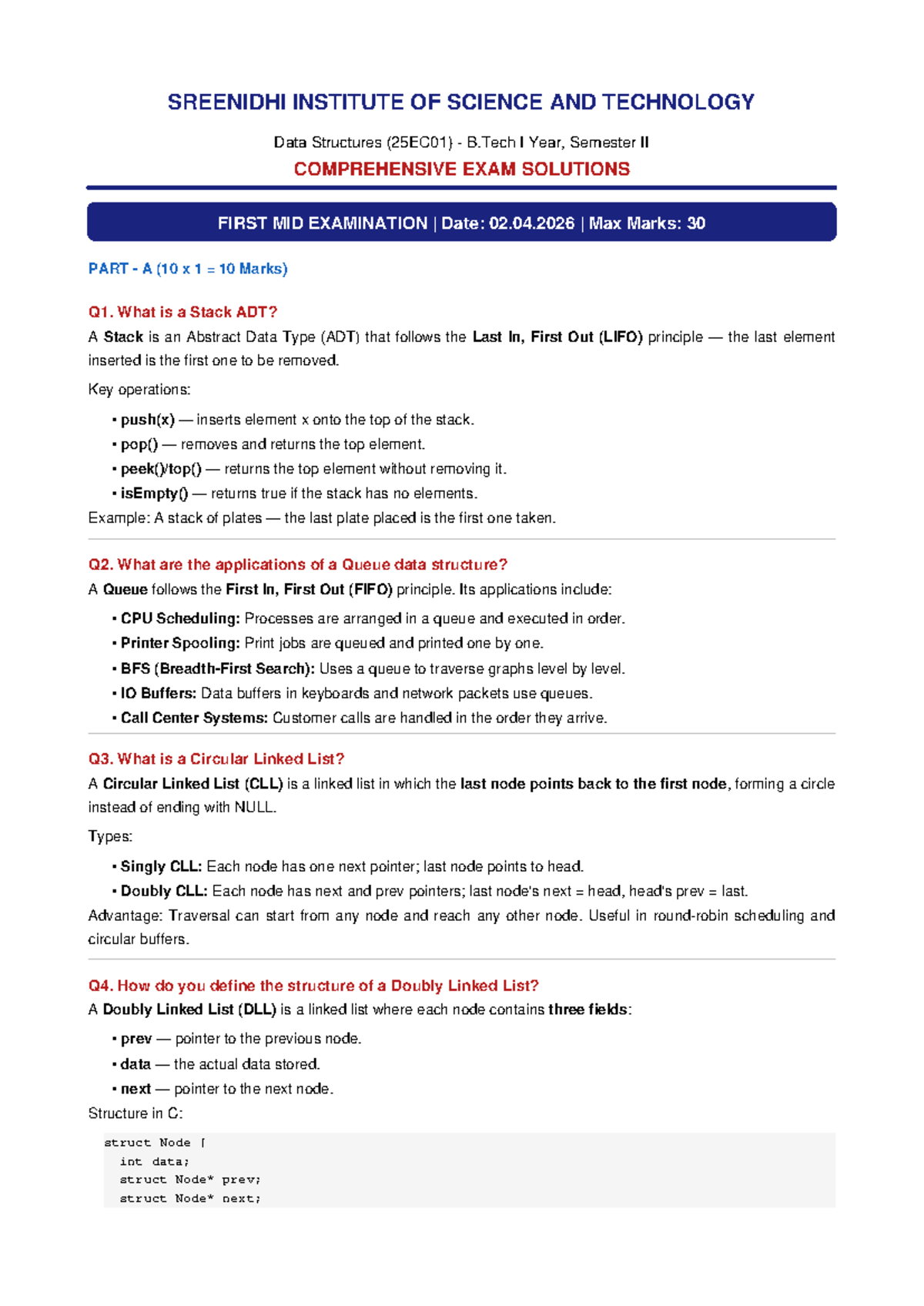 Data Structures (25EC01) B.Tech I Year Sem II Mid Exam Solutions - Studocu