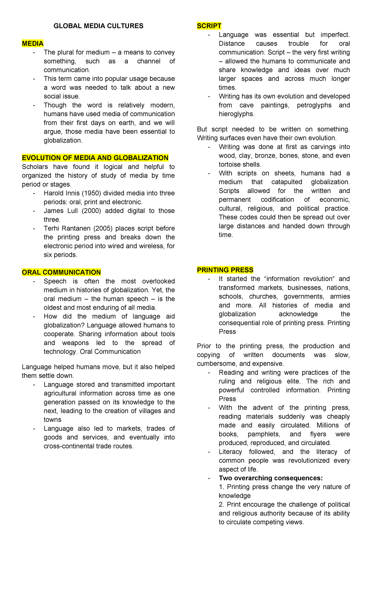 Global Media Cultures - Key Themes and Evolution Notes - Studocu