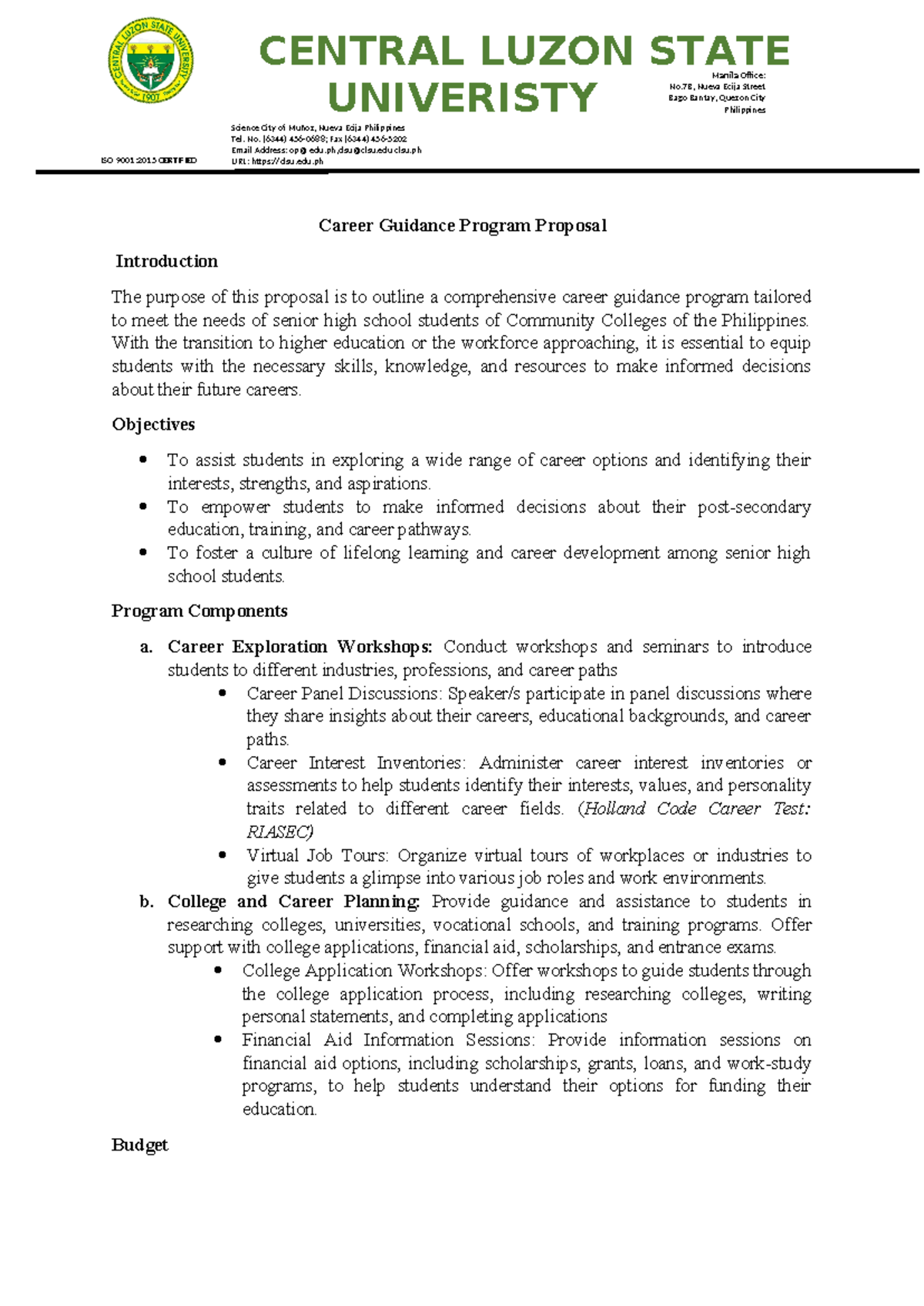 Career Guidance Program Proposal for Senior High School Students - Studocu