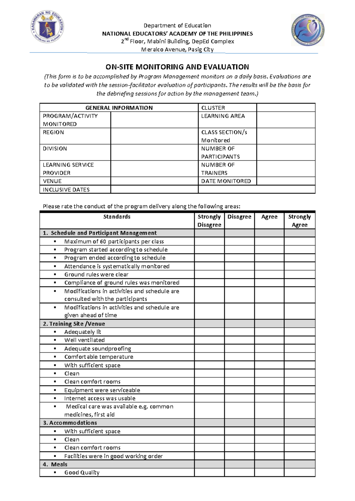 ON-SITE Monitoring Form for Program Management Evaluation - Studocu