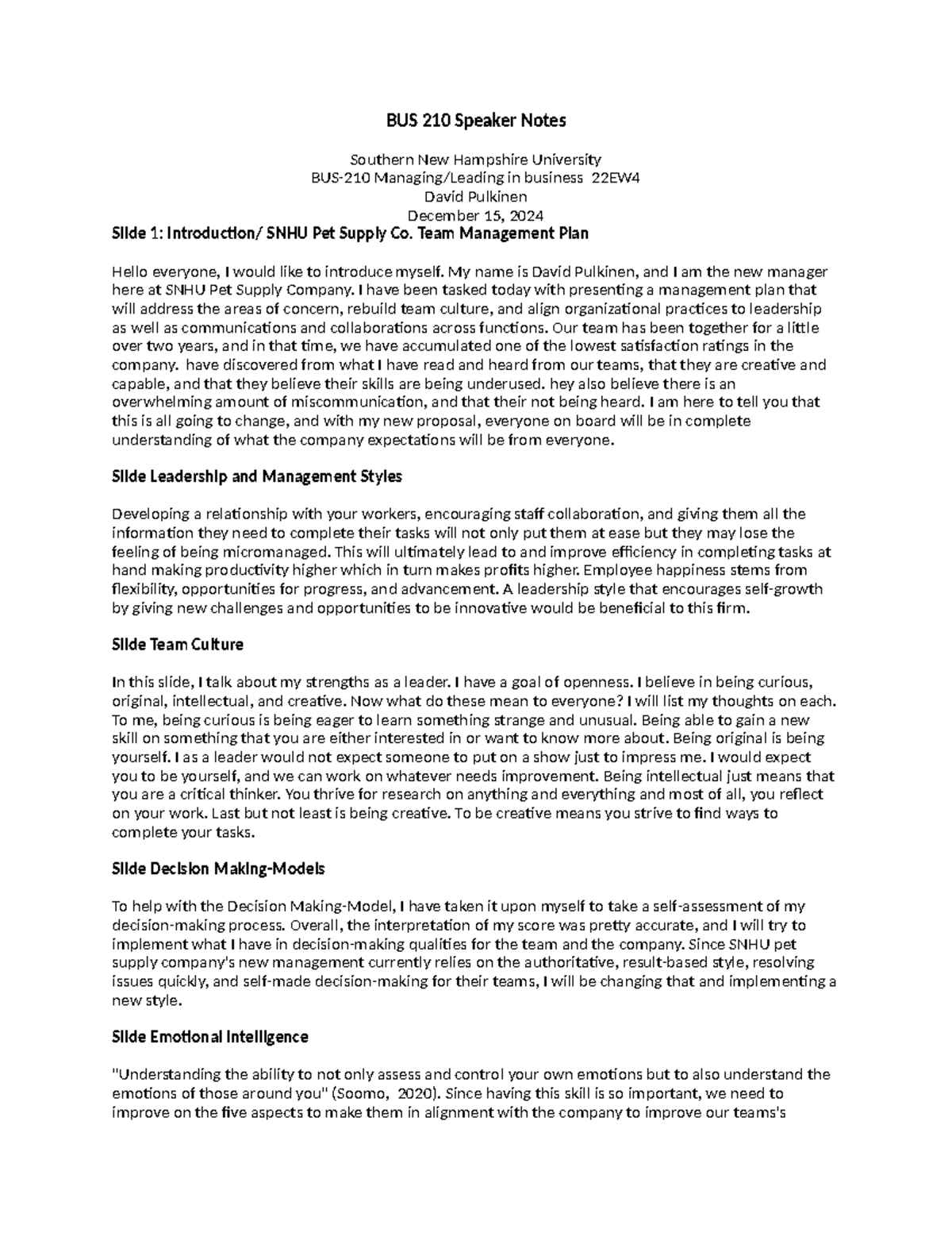 BUS 210 Speaker Notes week 7 - BUS 210 Speaker Notes Southern New ...