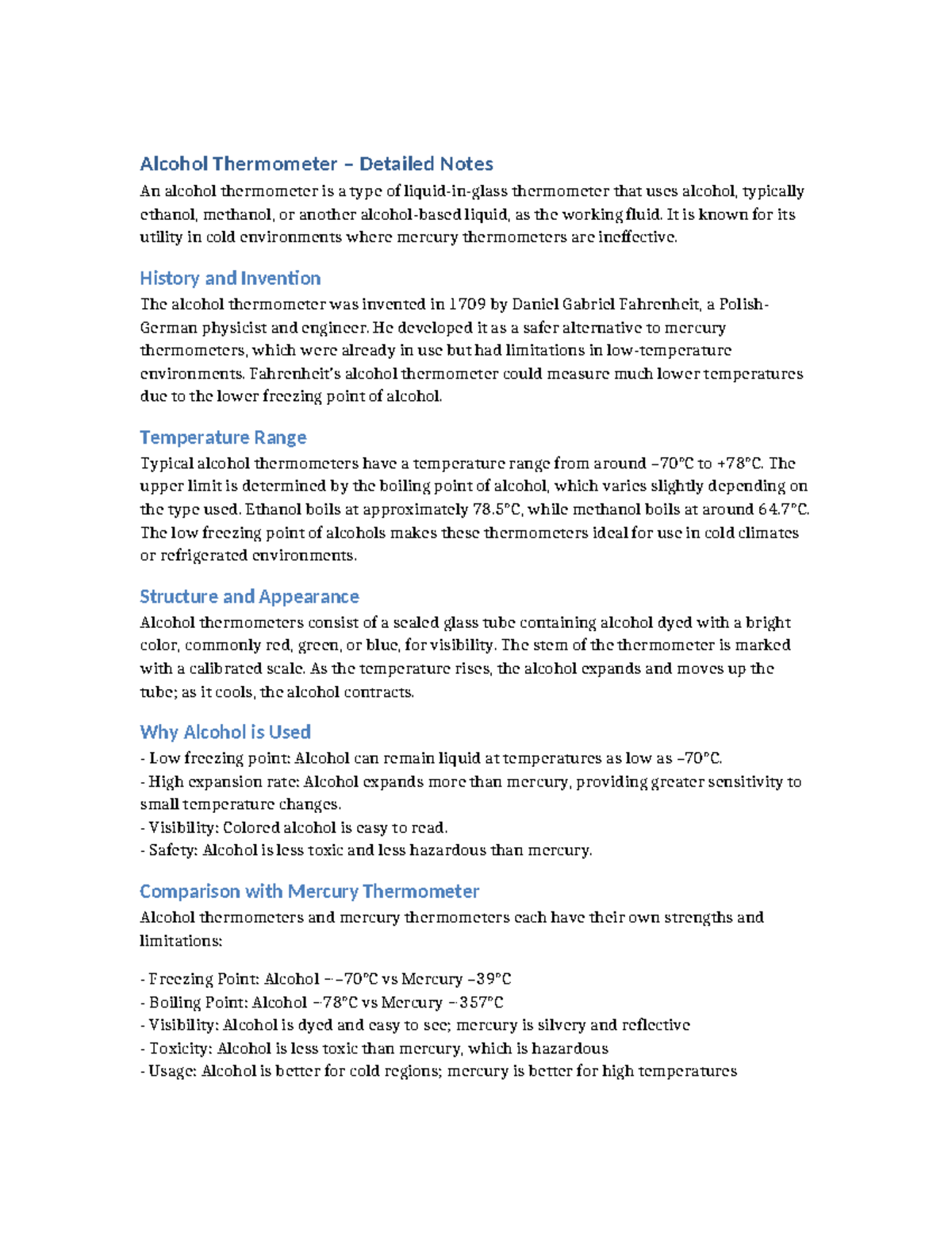 Alcohol Thermometer Notes: Detailed Overview and Comparison - Studocu