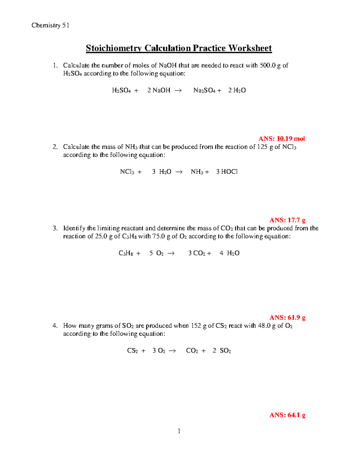 Chemistry 51: Stoichiometry Calculation Practice Worksheet 1 - Studocu