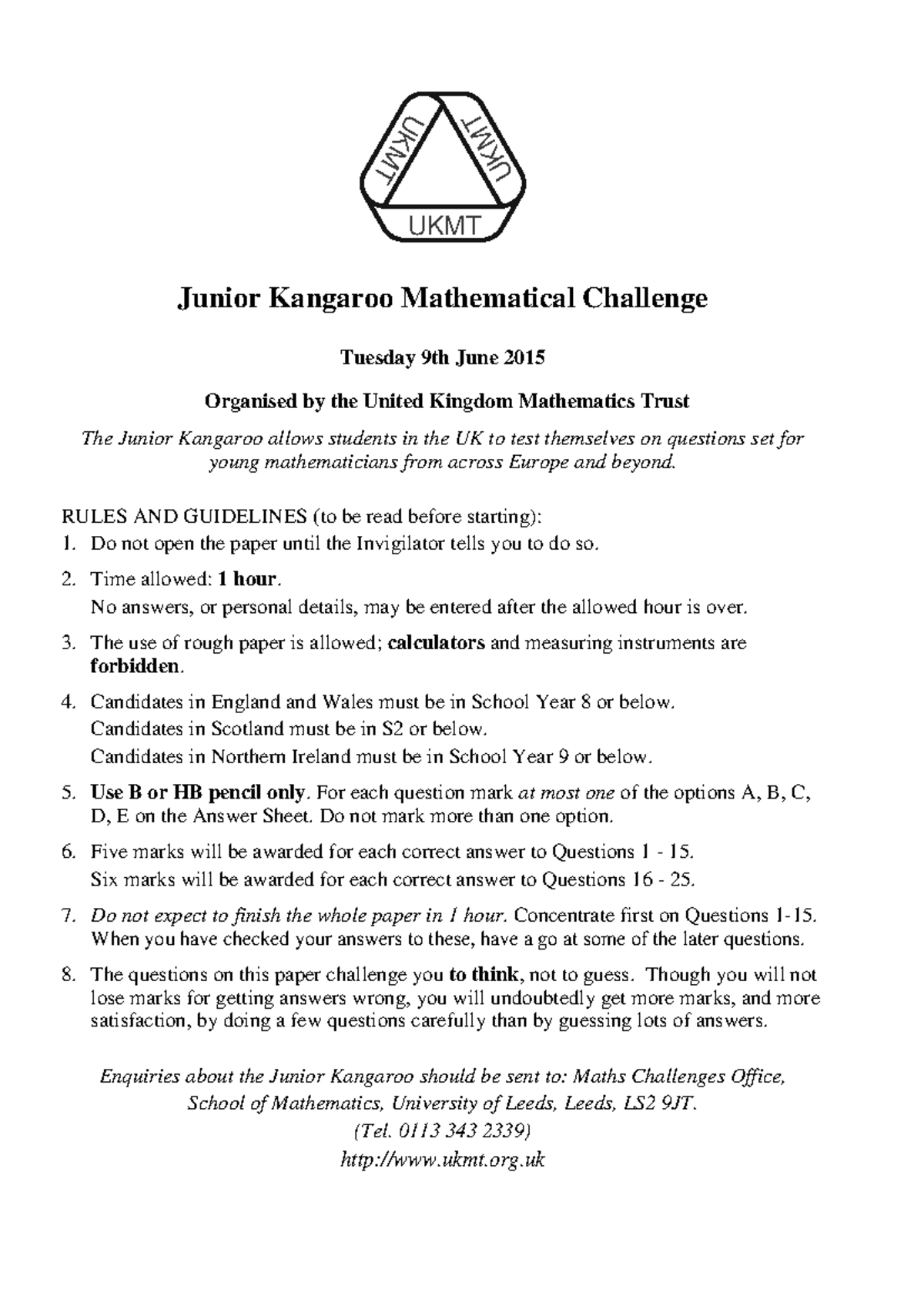 UKMT Junior Kangaroo 2015 Challenge - Exam Paper and Guidelines - Studocu