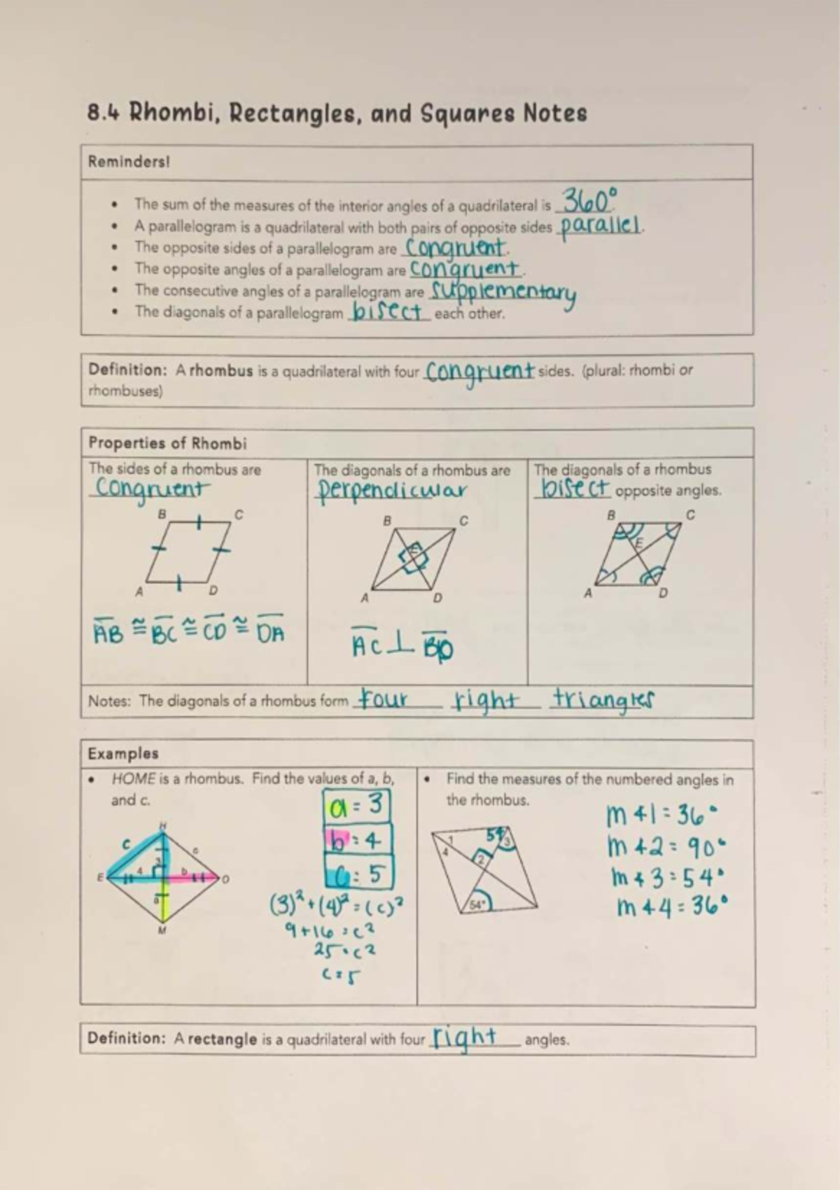 8.4 Geometry Notes: Rhombi, Rectangles, and Squares Study Guide - Studocu